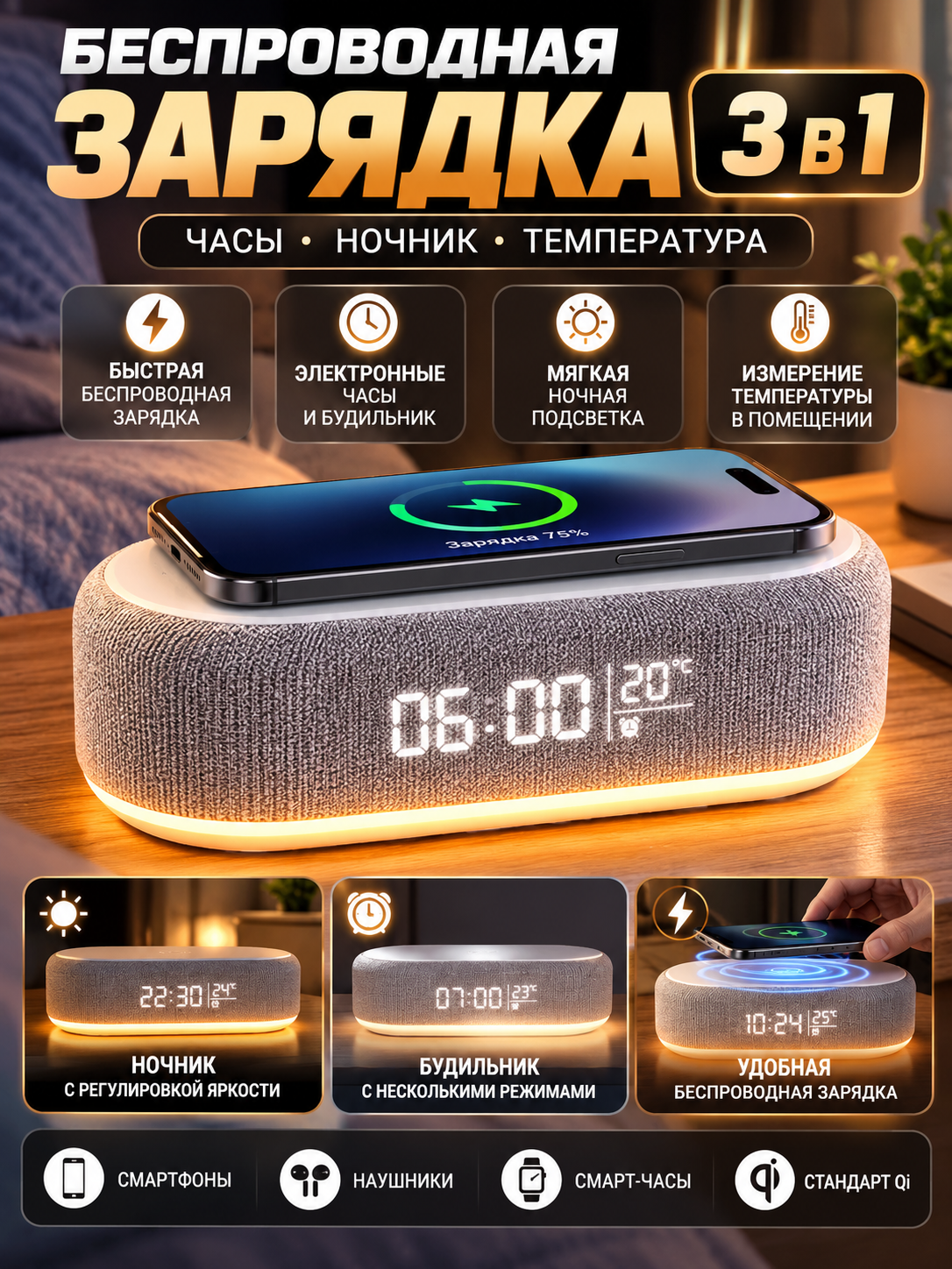 Беспроводная зарядка 3 в 1, настольные часы, будильник, ночник, термометр, зарядка для телефона