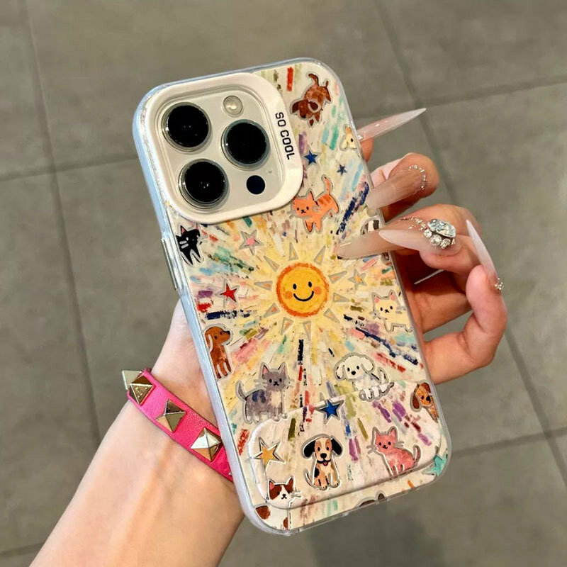 Чехол для iPhone 13 Mini с ярким и оригинальным дизайном Взорвавшееся Солнце Коты Собаки и Зеркальной Подставкой