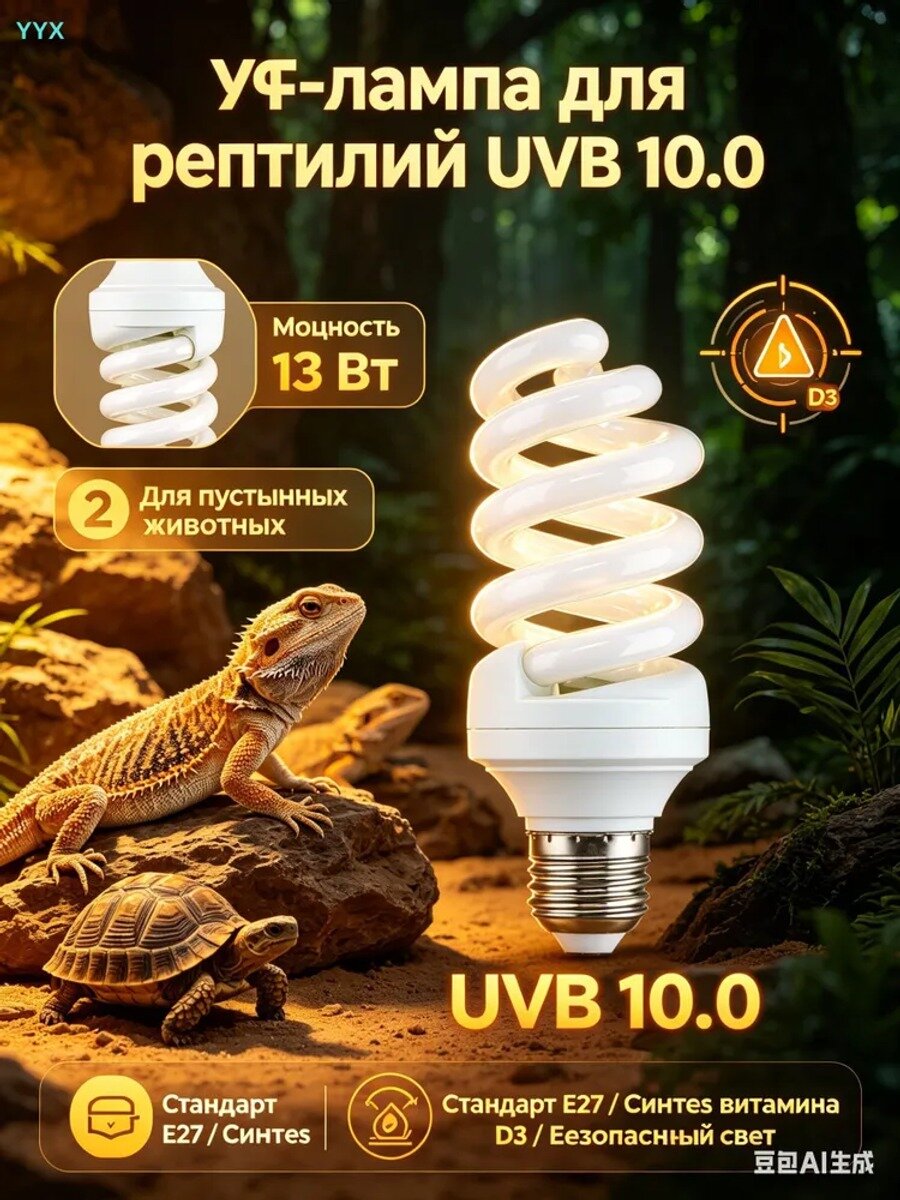 Ультрафиолетовая лампа для рептилий 10.0, 13 Вт, цоколь, белый свет