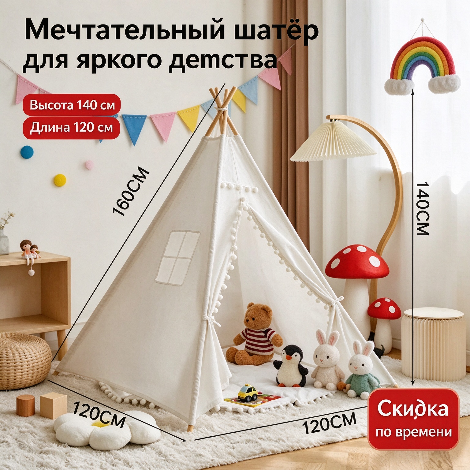 Детский Вигвам с ковриком, окошком, в помещении, детская палатка , игровой домик, секретное убежище