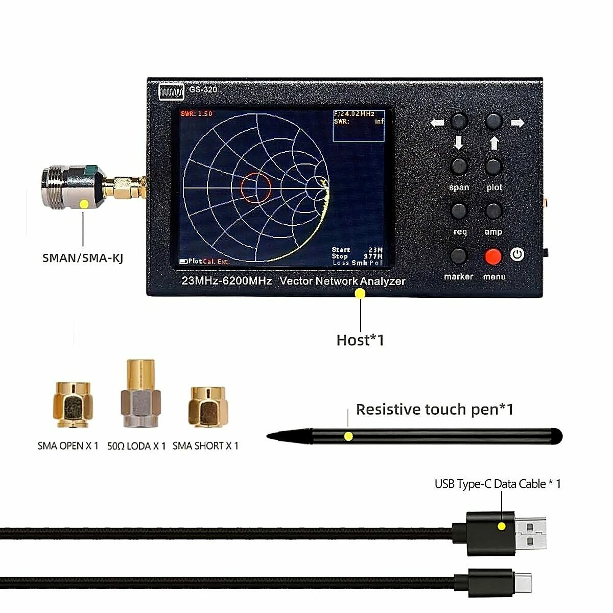 Веркторный анализатор сети GS320 6GHz 23-6200MHz Измеритель VSWR для антенн радиочастотных