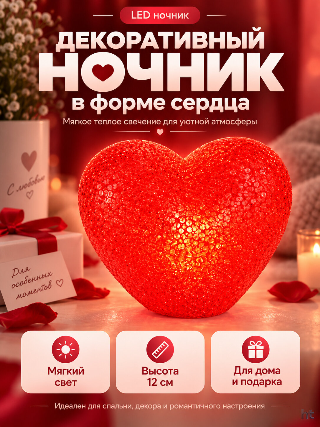 Ночник LED декоративный в форме сердца, красный, 12 см