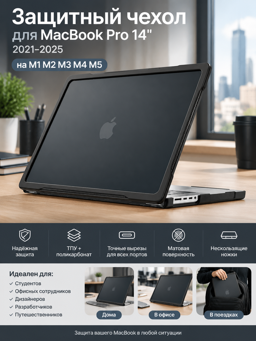Защитный чехол для MacBook Pro 14 (2021–2025) на M1 M2 M3 M4 M5, черный ударопрочный