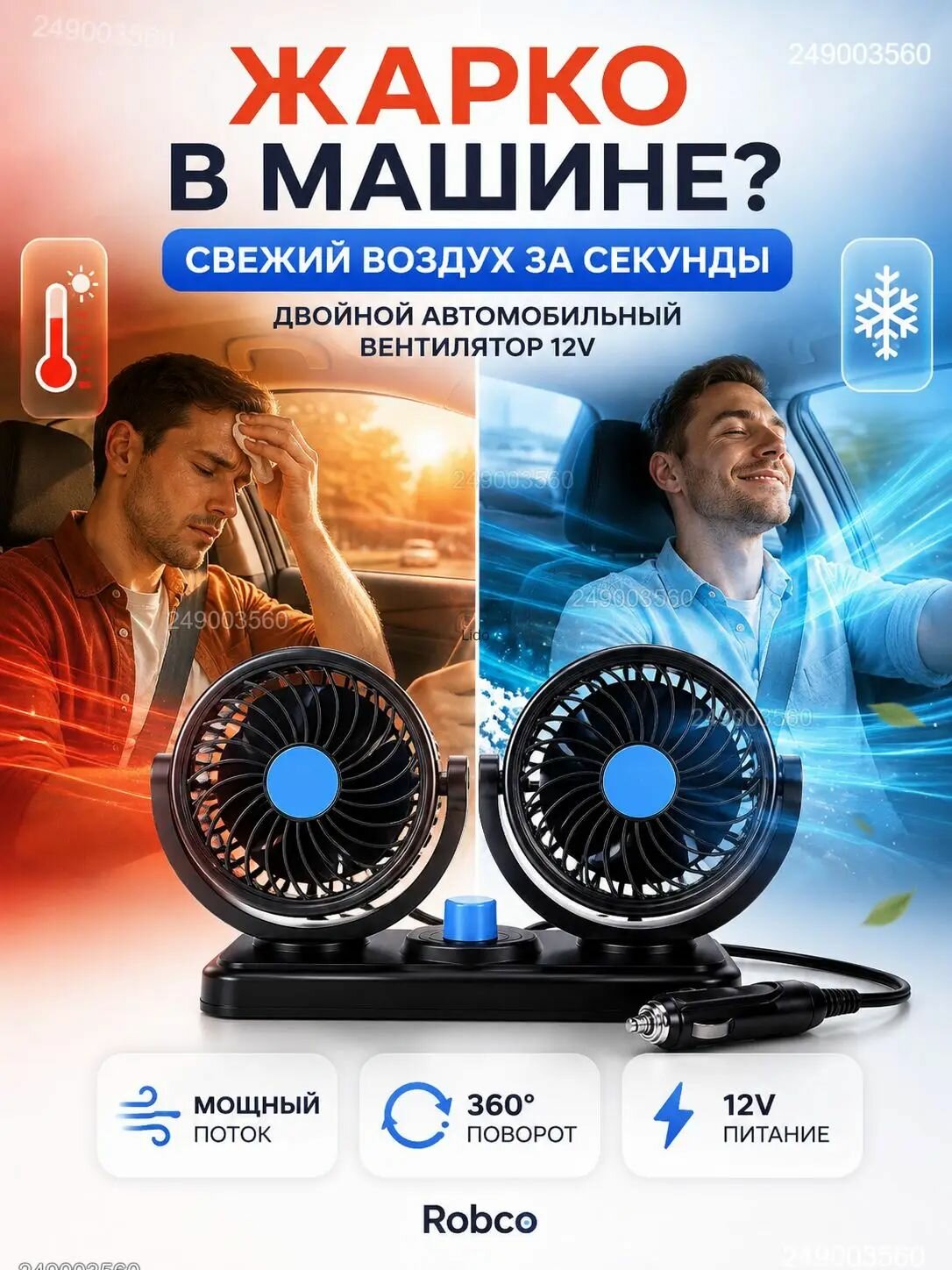 Автомобильный вентилятор 12V с двойным обдувом, компактный и легкий