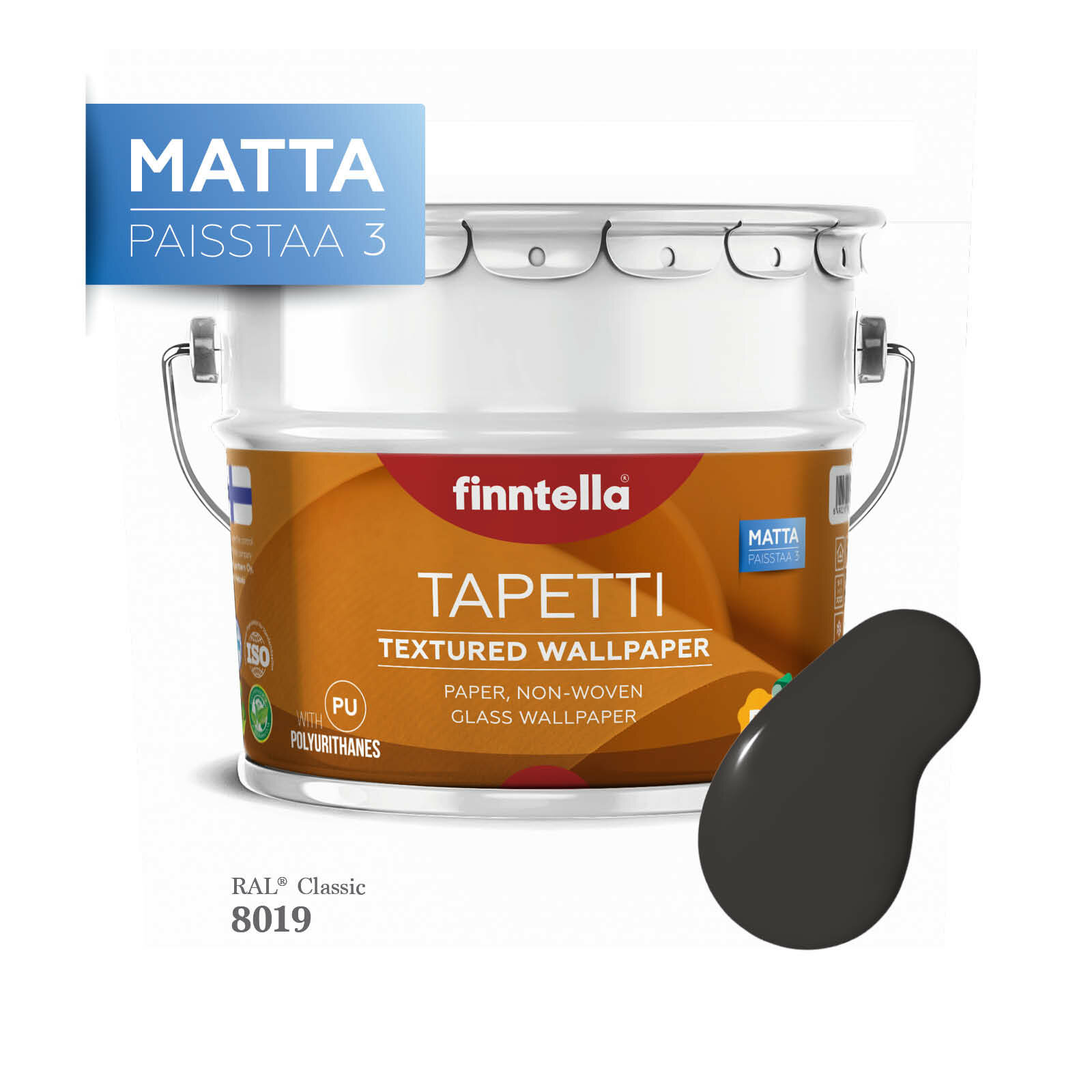 Матовая краска для обоев под окраску TAPETTI Matta FINNTELLA, Цвет RAL 8019 Серо-коричневый (Grey brown), 9л