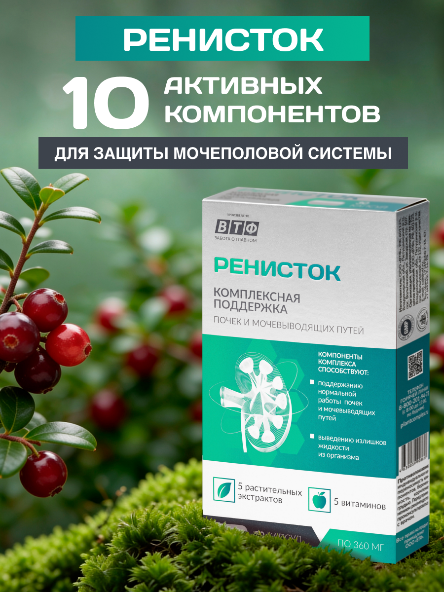 Растительный комплекс при цистите, для почек. 5 трав. Клюква и витамины. 30 капсул, ВТФ. Ренисток.