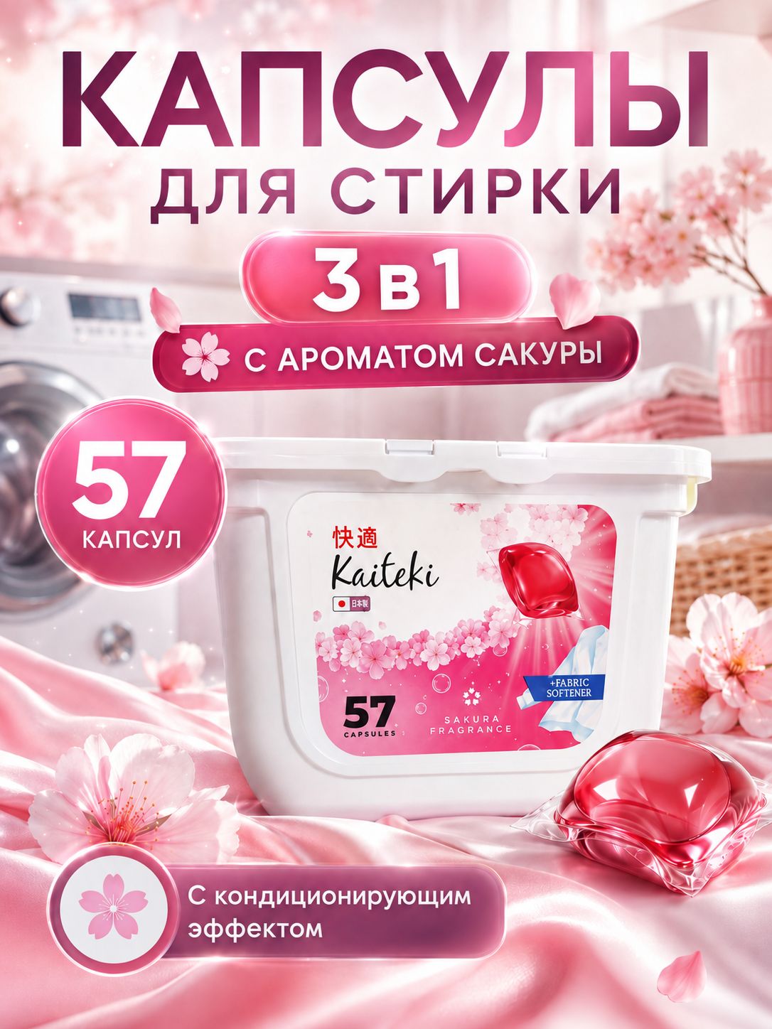 Капсулы для стирки Kaiteki 3в1, 57 шт. Сакура