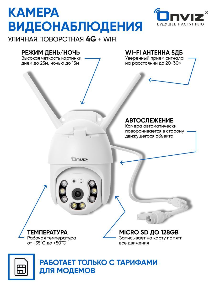 Купольная поворотная 4G WiFi камера видеонаблюдения Onviz U70, беспроводная уличная камера для дачи, для дома