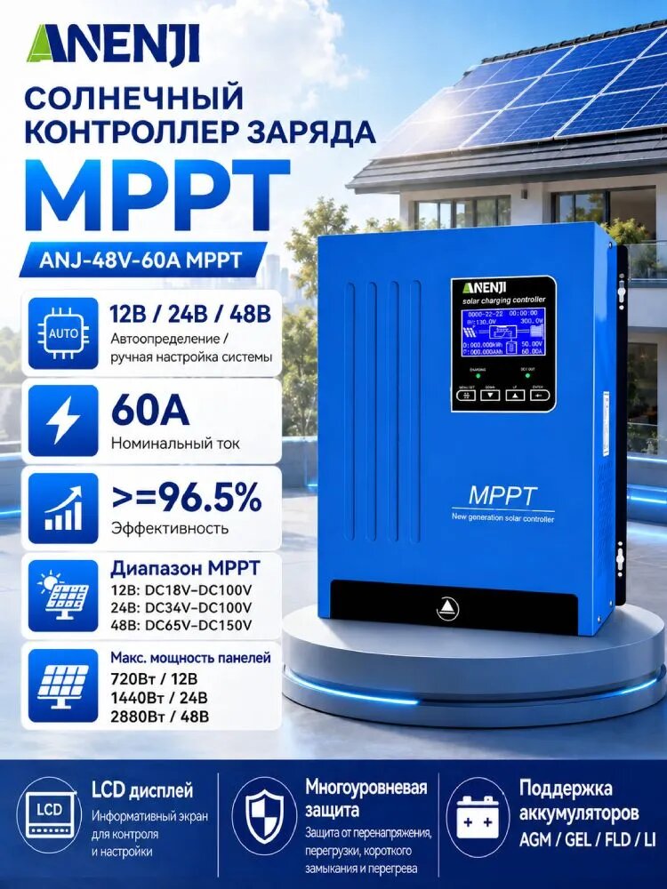 ANENJI Инвертор автомобильный, 2880 Вт арт. Солнечный контроллер заряда ANENJI 60A 48V MPPT с ЖК-дисплеем, трехступенчатой зарядкой, защитой от перегрева и короткого замыкания, КПД ≥96,5%