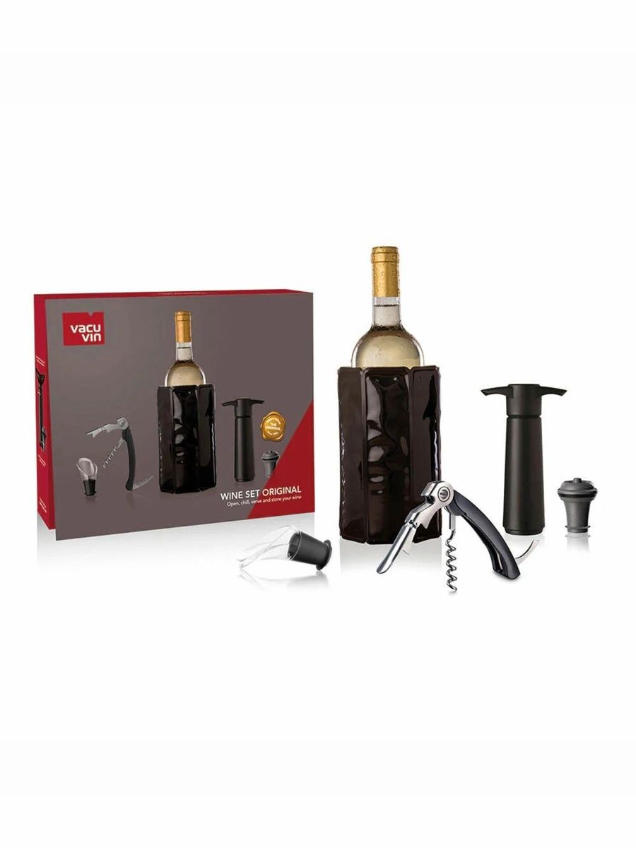 Vacu Vin Набор аксессуаров для вина Original (5 шт), охладительная рубашка для вина, вакуумный насос, пробка для вакуумного насоса, двухшарнирный штопор официанта, каплеуловитель Нидерланды