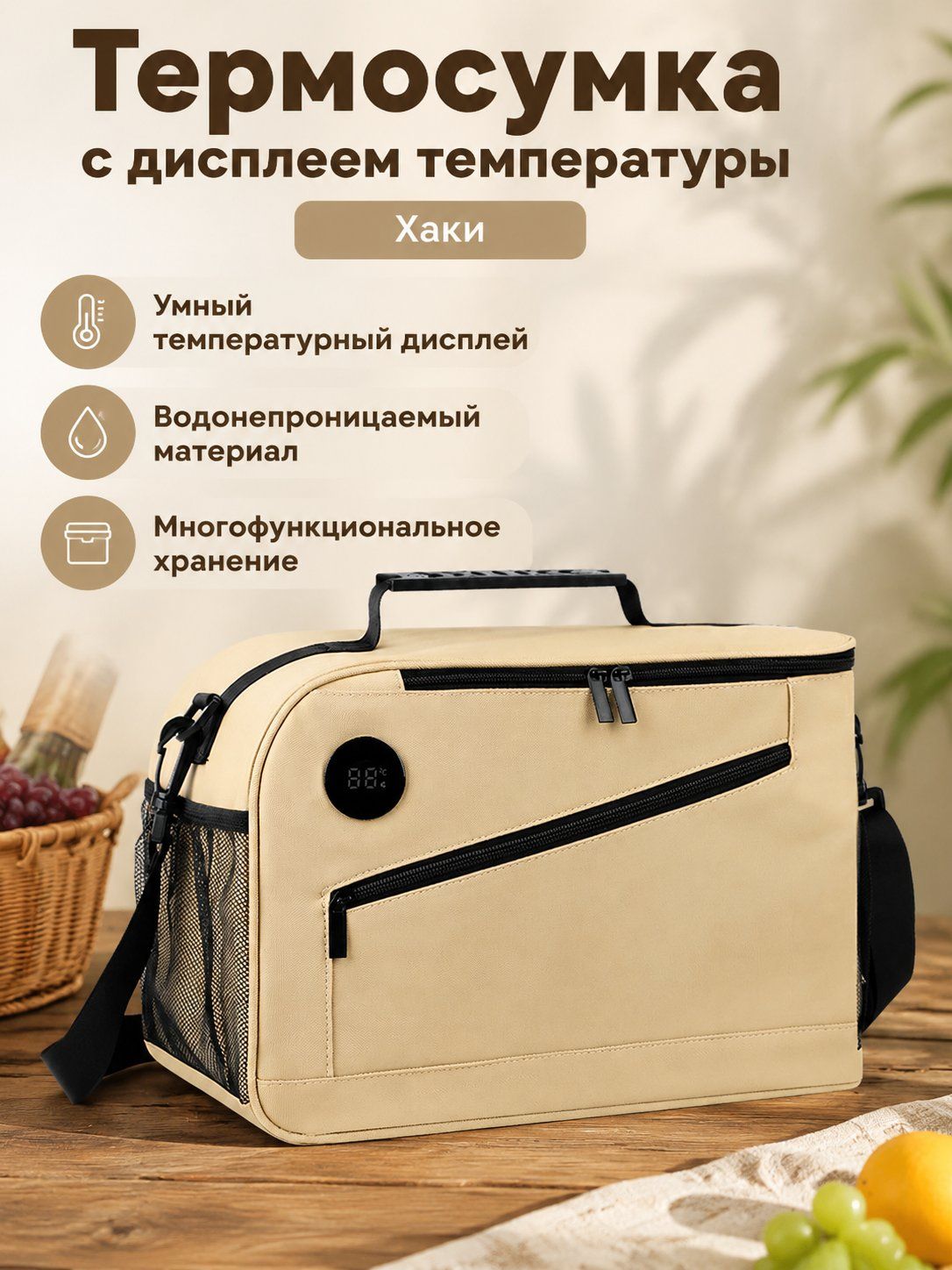 Термосумка с индикацией температуры, универсальный размер, цвет хаки, водонепроницаемая ткань с пленочным покрытием