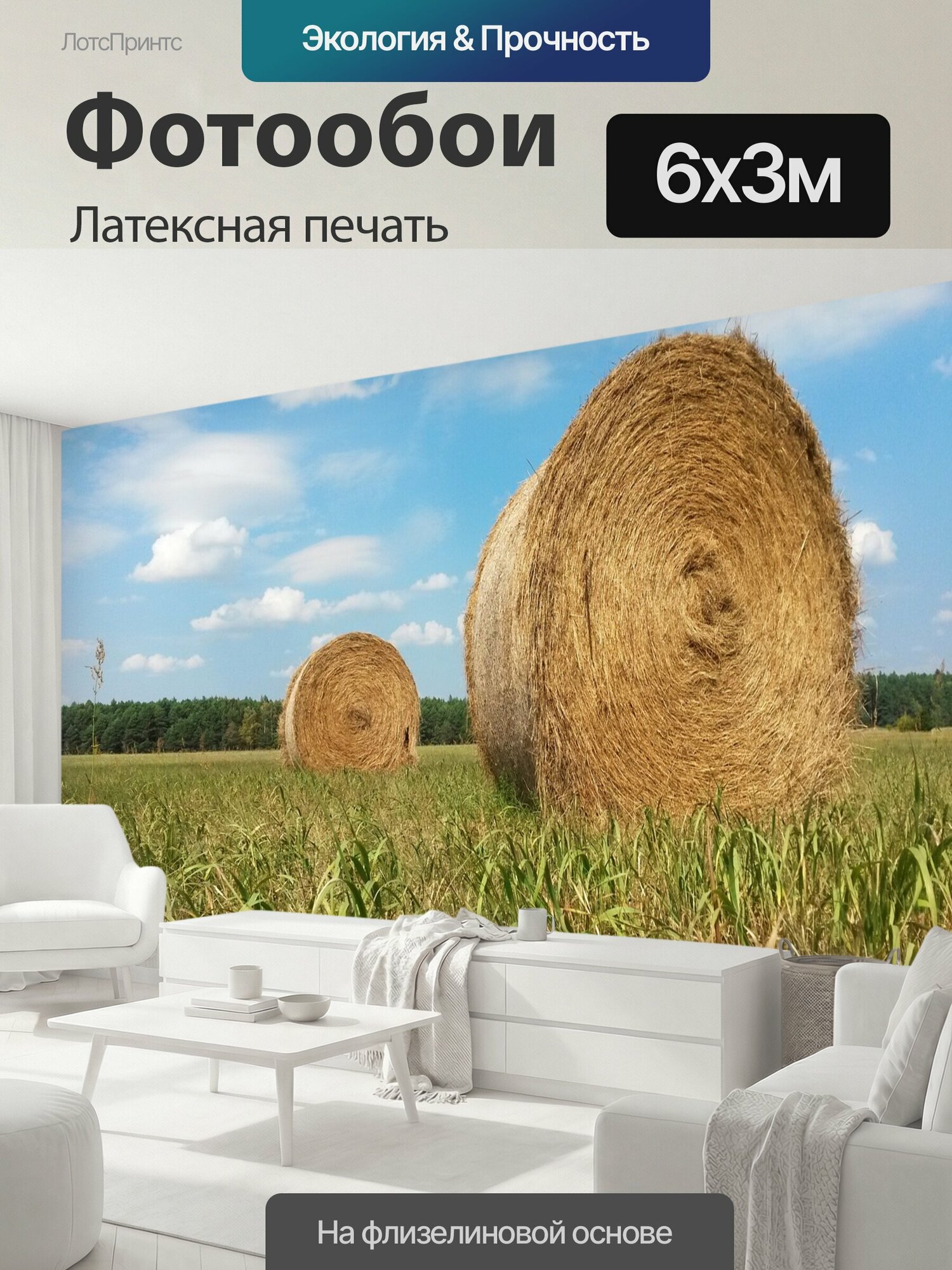 Фотообои моющиеся ударопрочные "Сено, поле, природа" 600x300 см. латексная печать