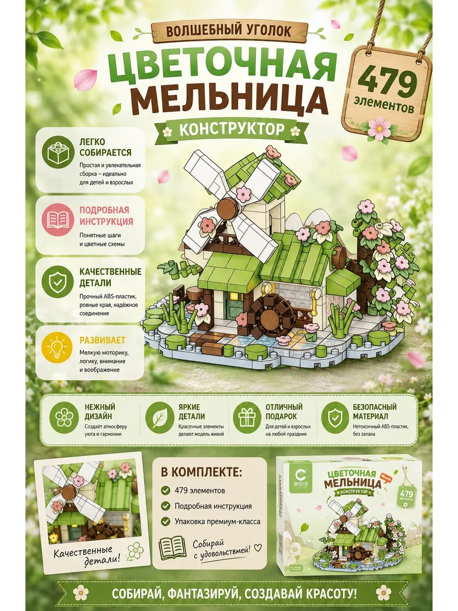 Конструктор 3д из миниблоков цветочная мельница