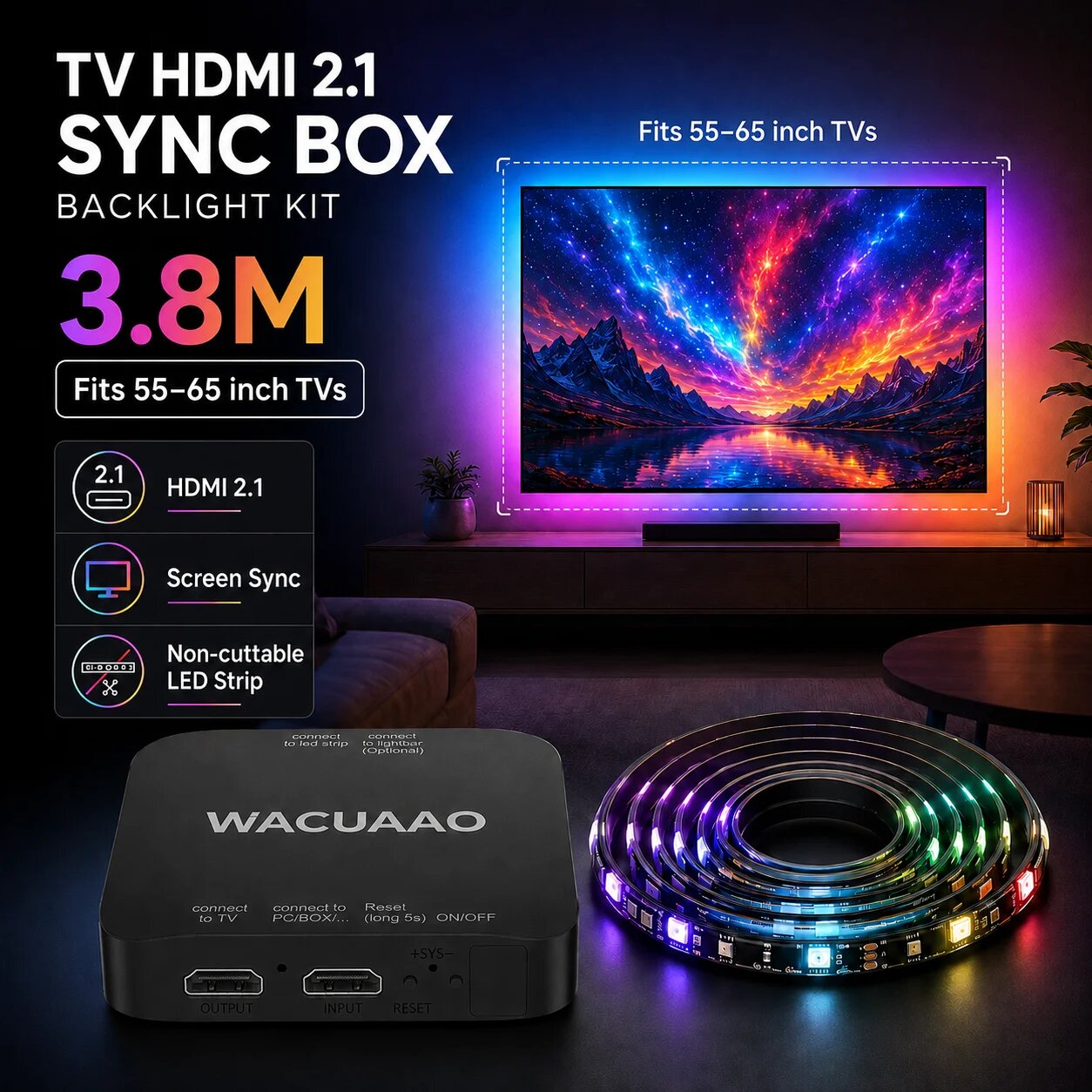 Светодиодная лента WacuAAO для ТВ 40-85 дюймов 55-65 INCH-HDMI 2.1, EU