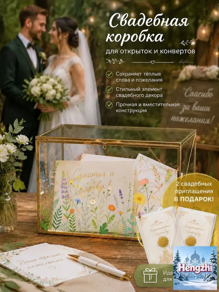 Коробка для свадебных открыток и конвертов, стеклянная с золотой рамкой, для хранения пожеланий