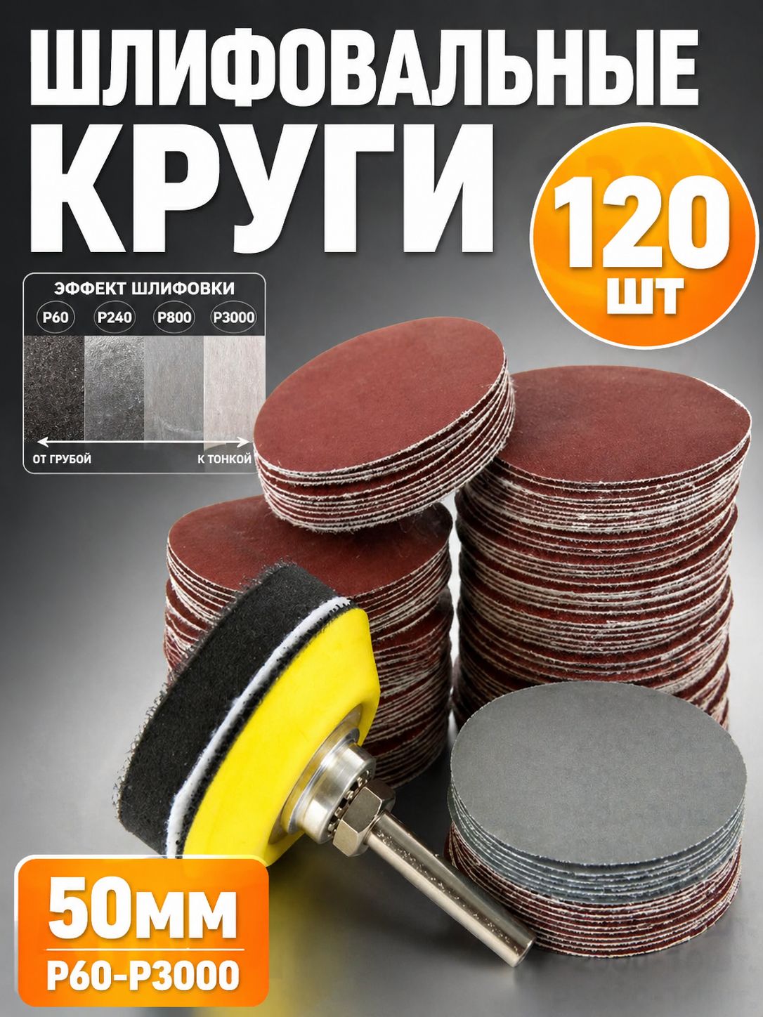 Набор наждачной бумаги 120 шт, 2 дюйма 50mm - бархатные круги 60-3000 грит для дрели и шлифмашинки, для металла, дерева и авто