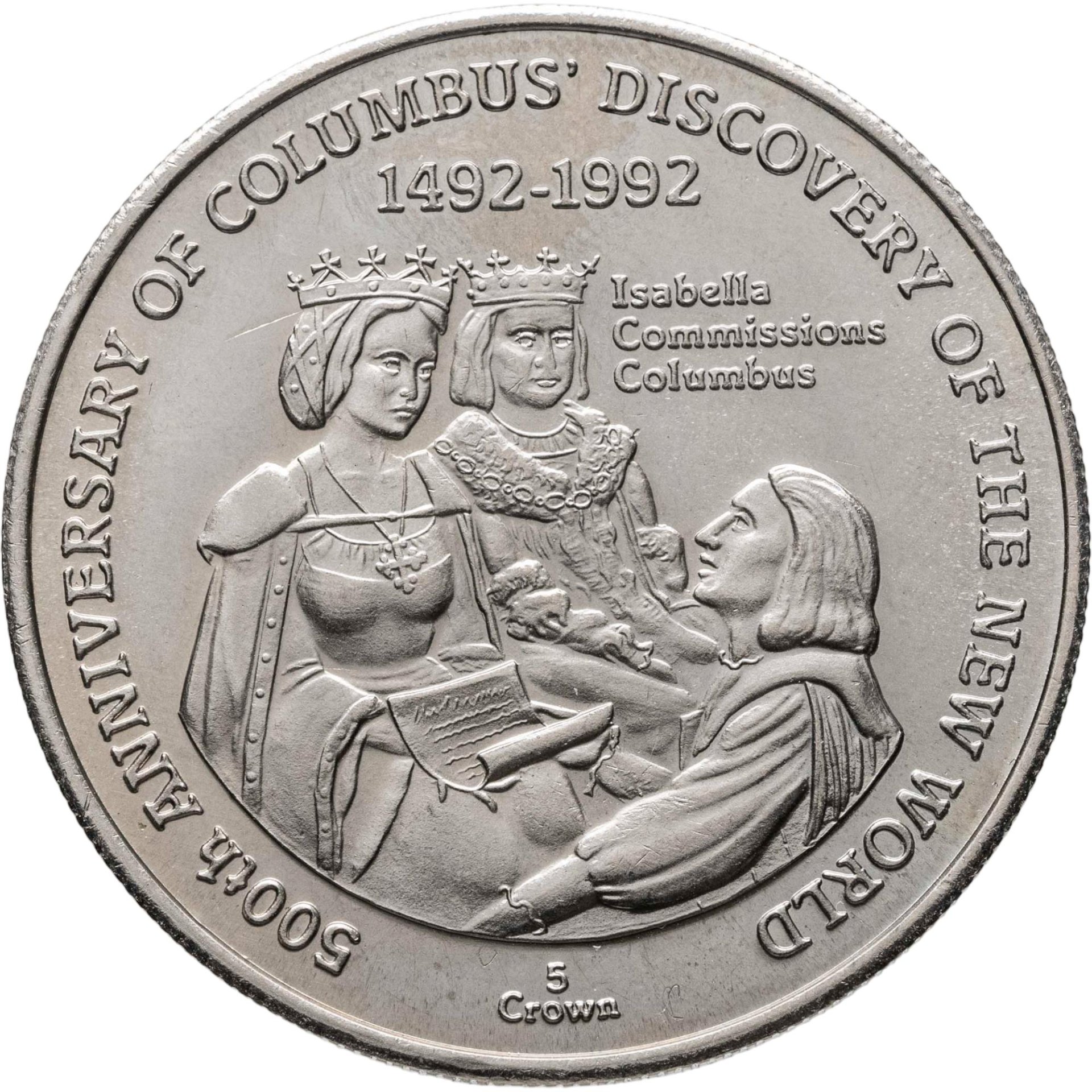 Тёркс и Кайкос 5 крон crown 1991 "500 лет открытию Америки", Мельхиор медь-никель, в сохранности BUNC