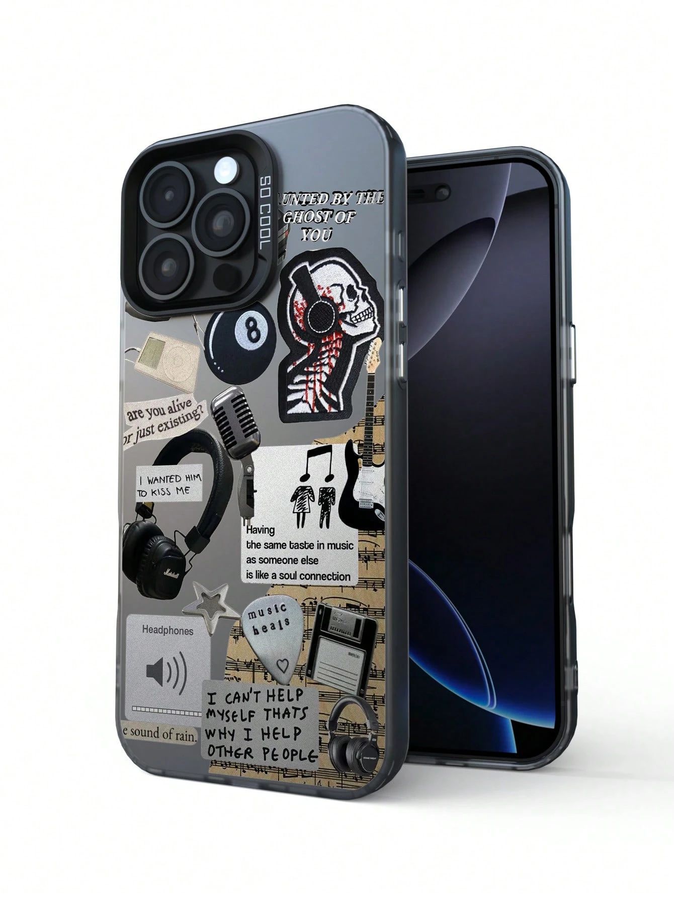 Чехол на Aйфон 16 Про Макс / IPHONE 16 PRO MAX черной с принтом Рок коллаж из элементов стиле силиконовый противоударный