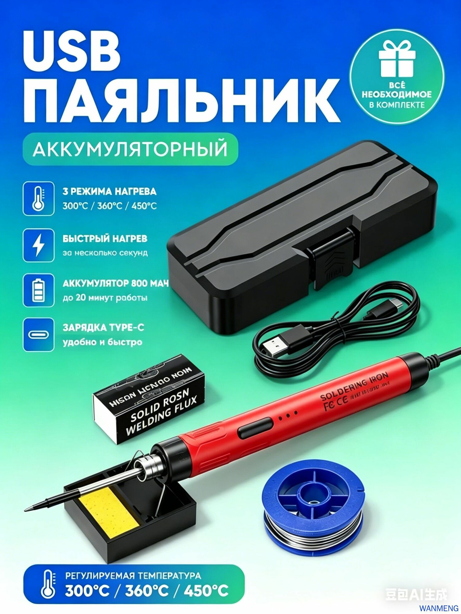 Паяльник 8 Вт, Нихромовый нагреватель, 6 предметов