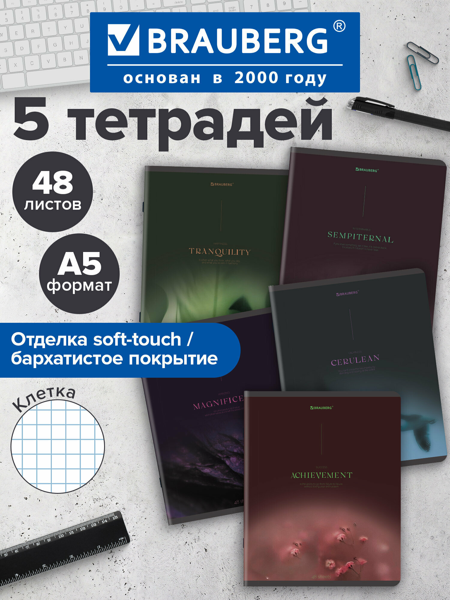 Тетрадь А5 в клетку 48 листов для записей в школу и офис, набор 5 штук, обложка SoftTouch, Brauberg, Peaceful, 404926