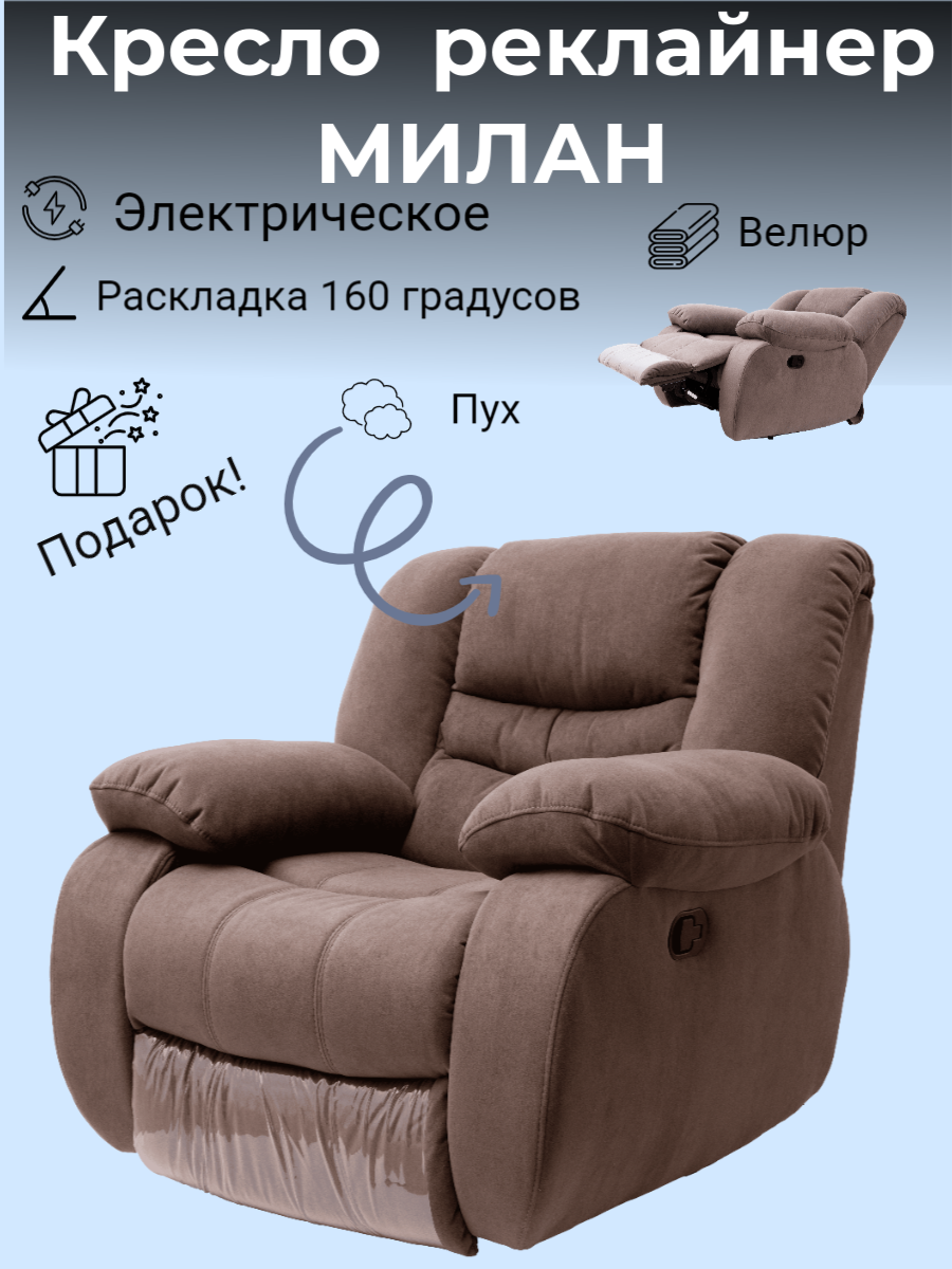 Кресло реклайнер Милан, электрическое с качанием-вращением, велюр коричневый, для гостиной, для домашнего кинотеатра, игровое кресло