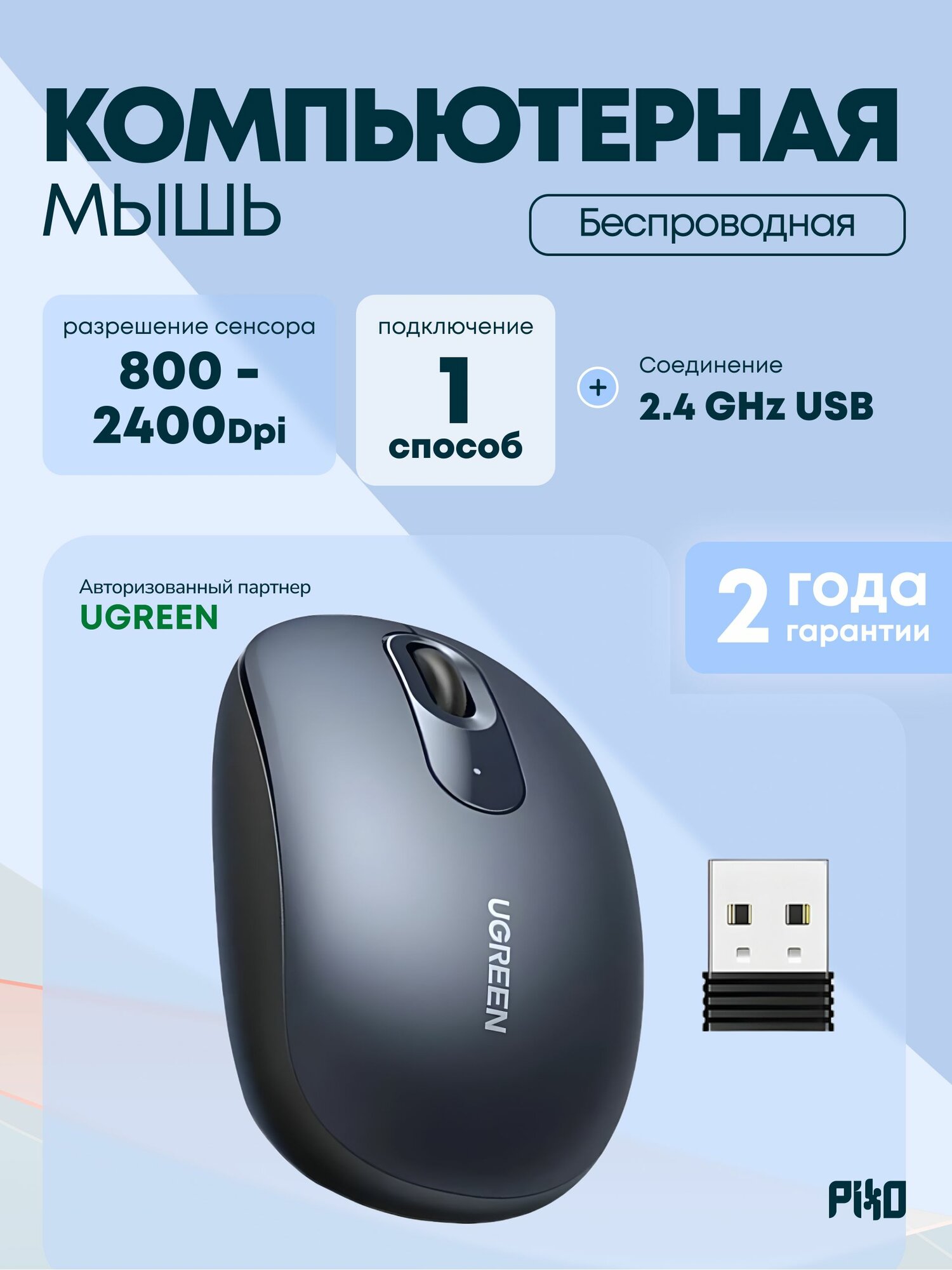 Мышь беспроводная Ugreen MU105 компьютерная мышь 2.4 ГГц для ноутбука и ПК, компактная, тёмно-синяя