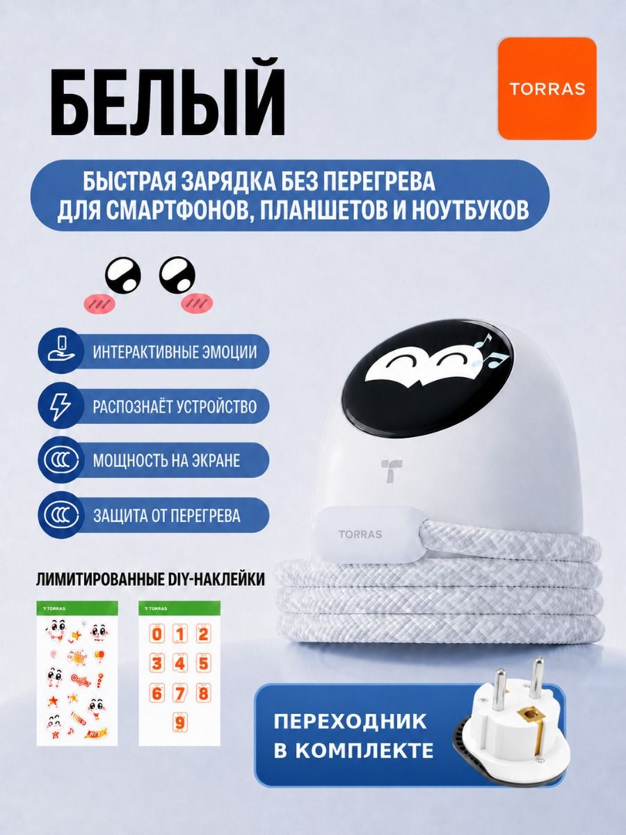 Быстрая зарядка и кабель TORRAS 60W с цветным анимированным экраном, USB-C, GaN, PD 3.2 AVS, белый (Smart White)