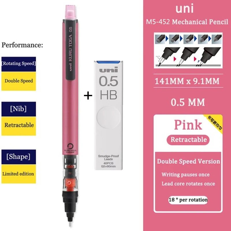 UNI KURUTOGA 0.5 мм, розовый, механический, выдвижной