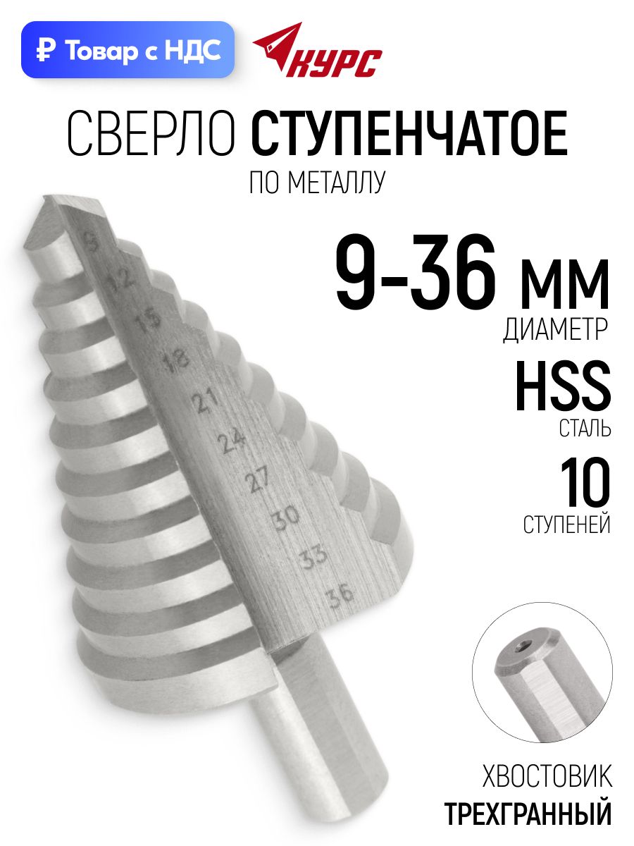 Сверло ступенчатое по металлу 9-36 мм, HSS, 10 ступеней, прямой профиль курс