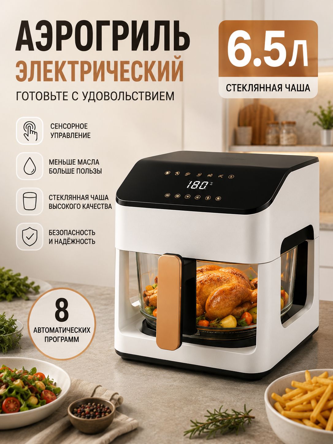 Электрический аэрогриль с стеклянной чашей объемом 6.5 литров для приготовления здоровой пищи без масла на кухне
