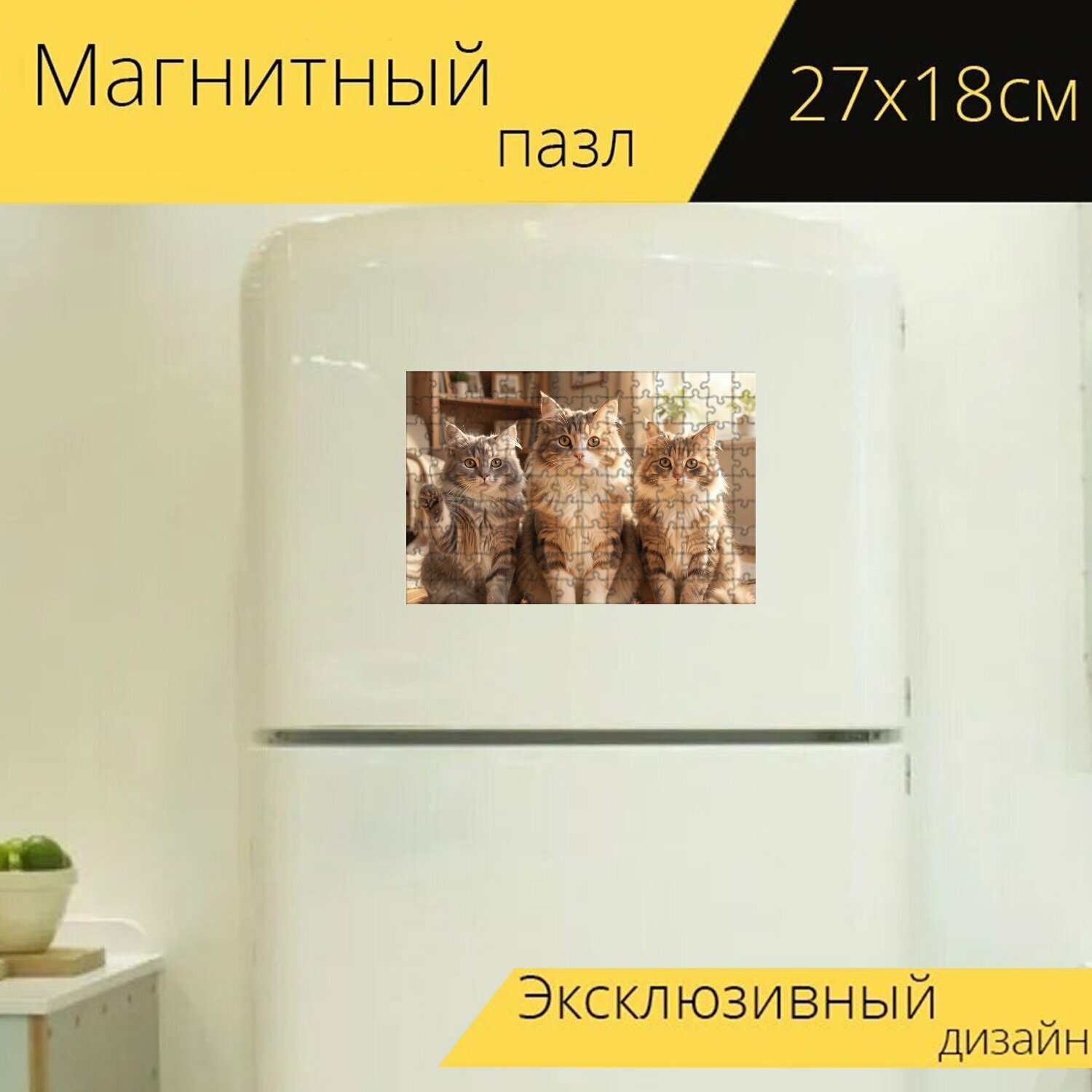 Магнитный пазл "Три пушистых кота в интерьере. Теплая уютная сцена с тремя длинношерстными котами в солнечной комнате: мягкий естественный свет." на холодильник 27 x 18 см.