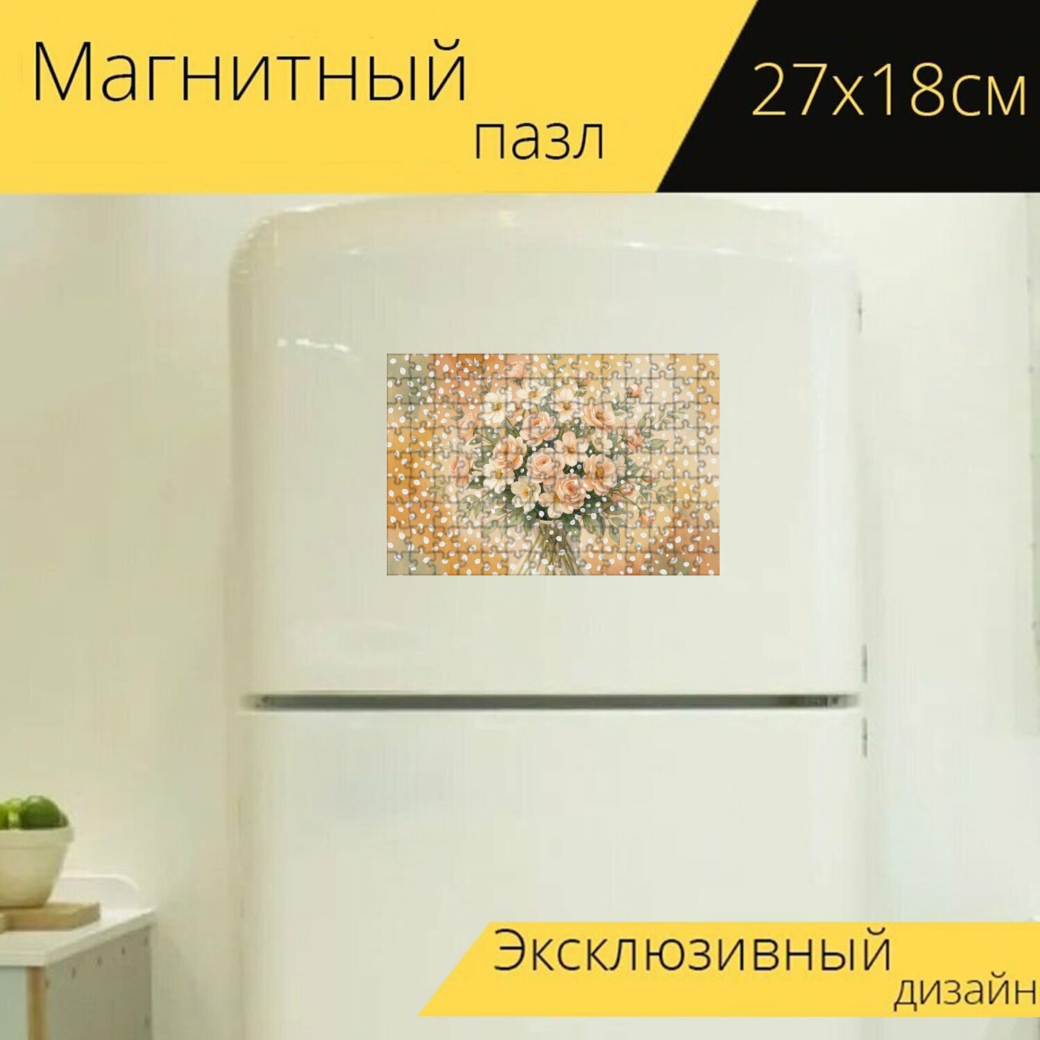Магнитный пазл "Нежный букет с лепестками. Акварельная композиция с розово-персиковыми розами и кремовыми цветами, зелёной листвой и россыпью белых." на холодильник 27 x 18 см.