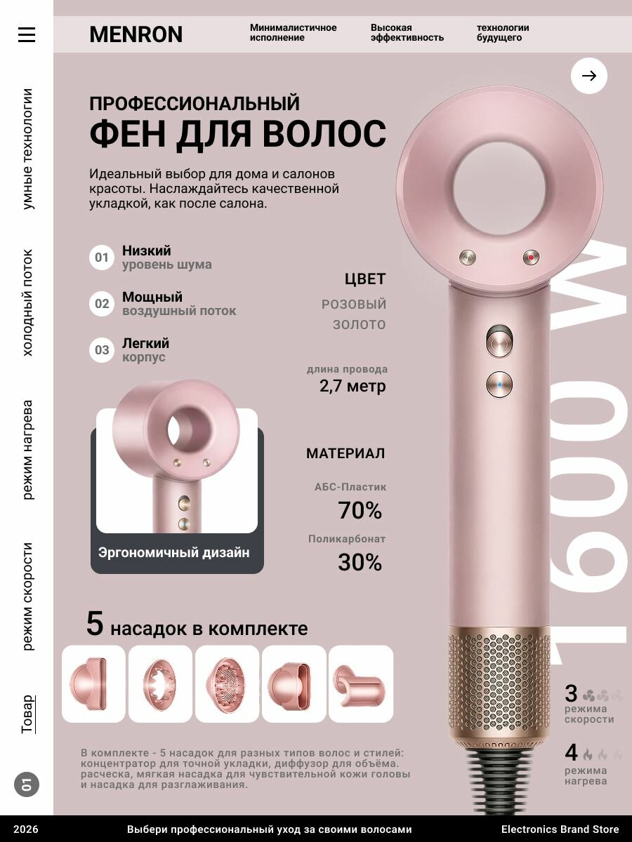 Фен для волос профессиональный, 5 насадок, 4 режима работы, 1600 Вт, розовый