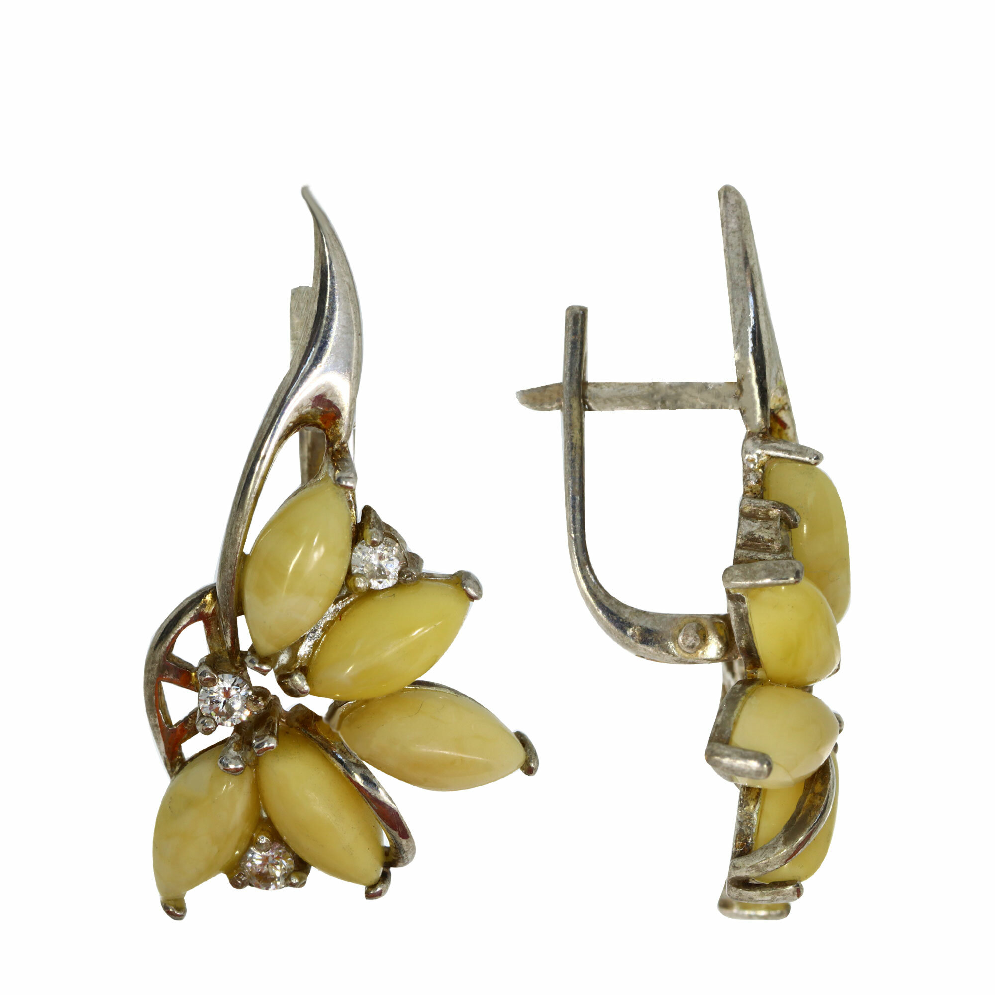 Серьги, серебро, 925 проба, родирование, фианит, янтарь