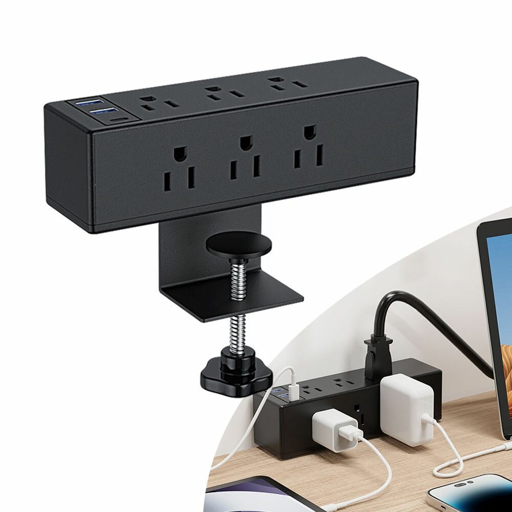 Удлинитель с настольным зажимом, сетевой фильтр USB-C, 6 розеток, кабель 2 м