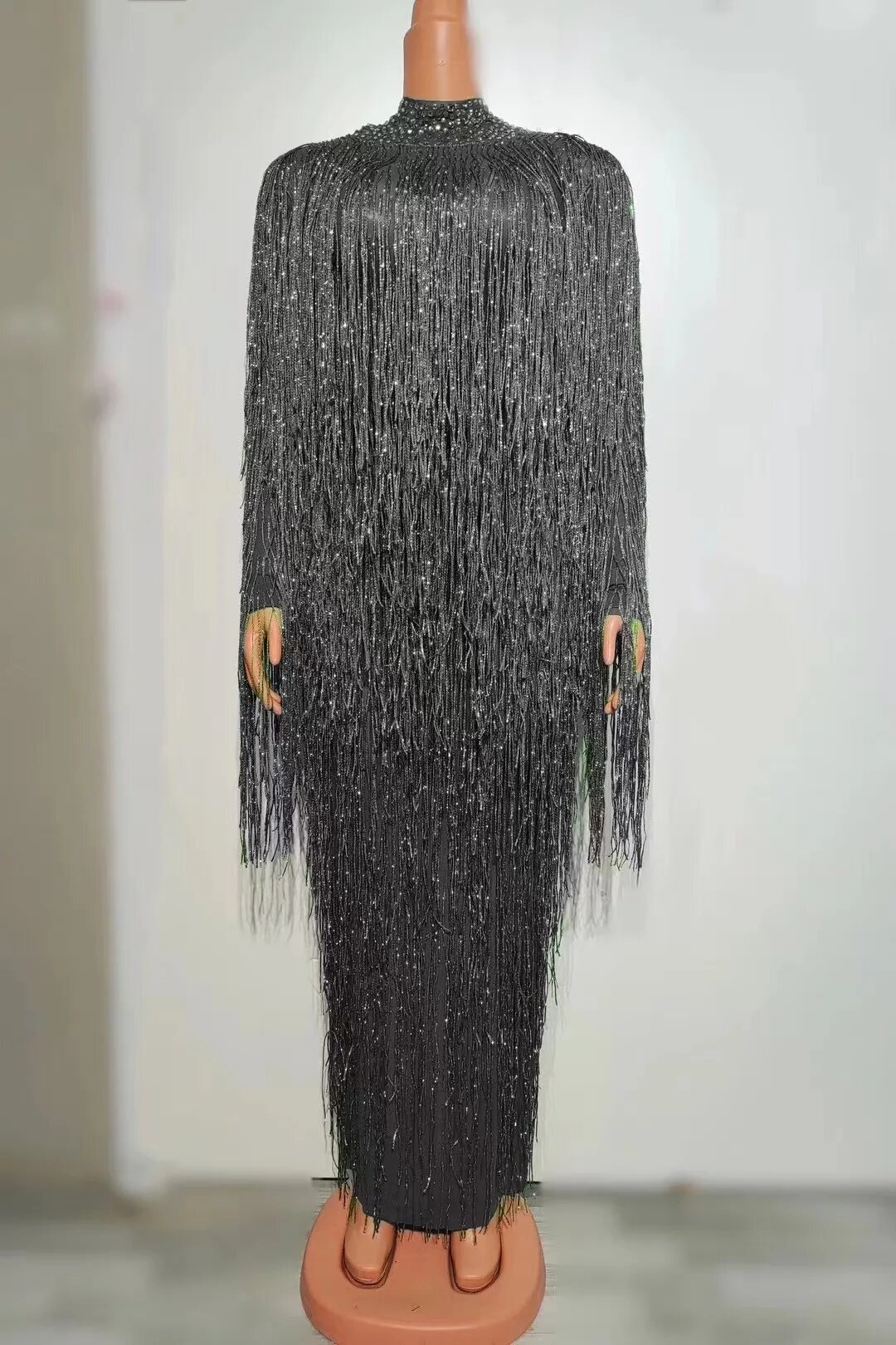 Черное сценическое платье с бахромой, Dress 1, L