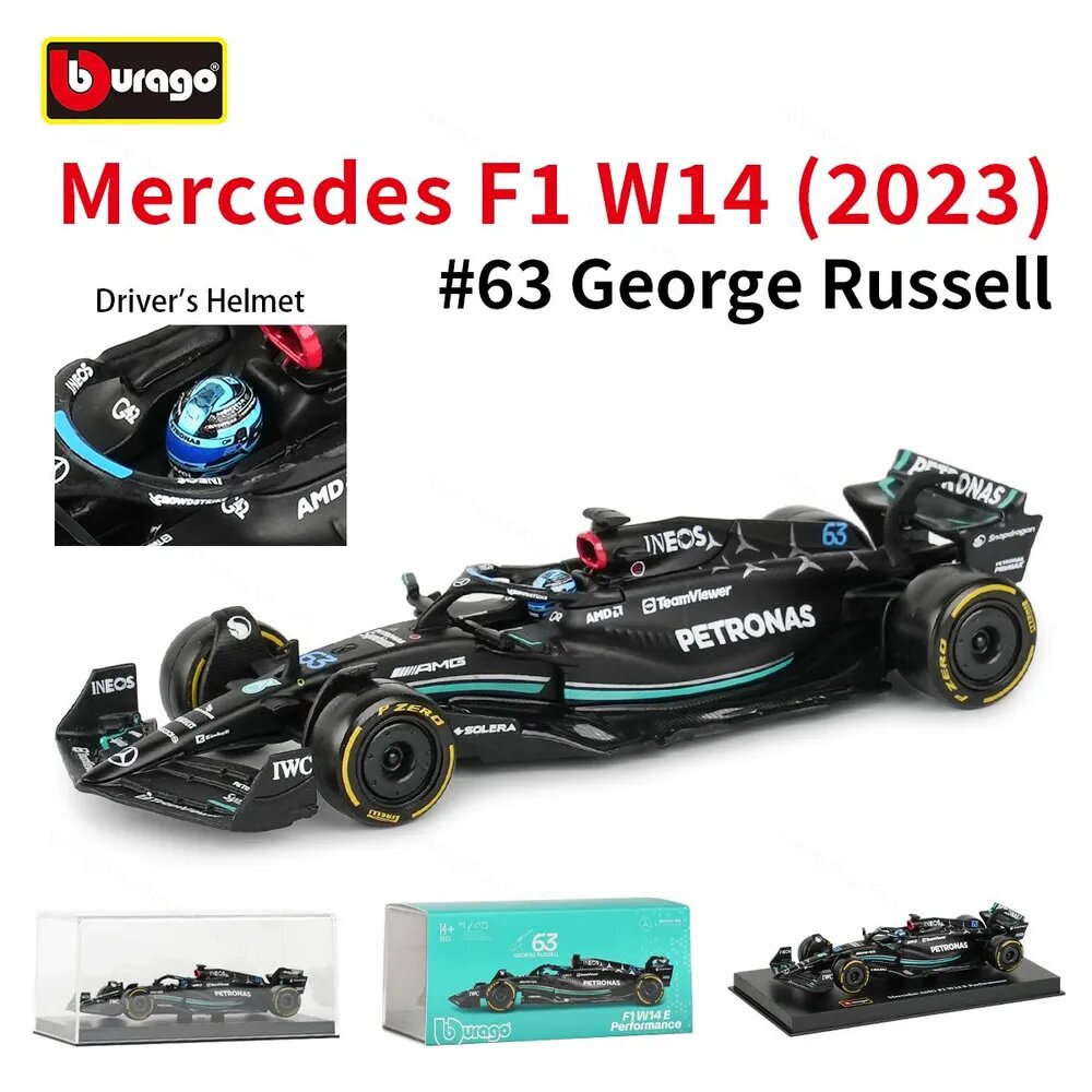 Акриловая прозрачная коробка Bburago 1:43 Mercedes AMG 2023 W14 E Performance Формульный болид Формулы-1, Литые под давлением автомобили, коллекционная модель гоночных игрушек
