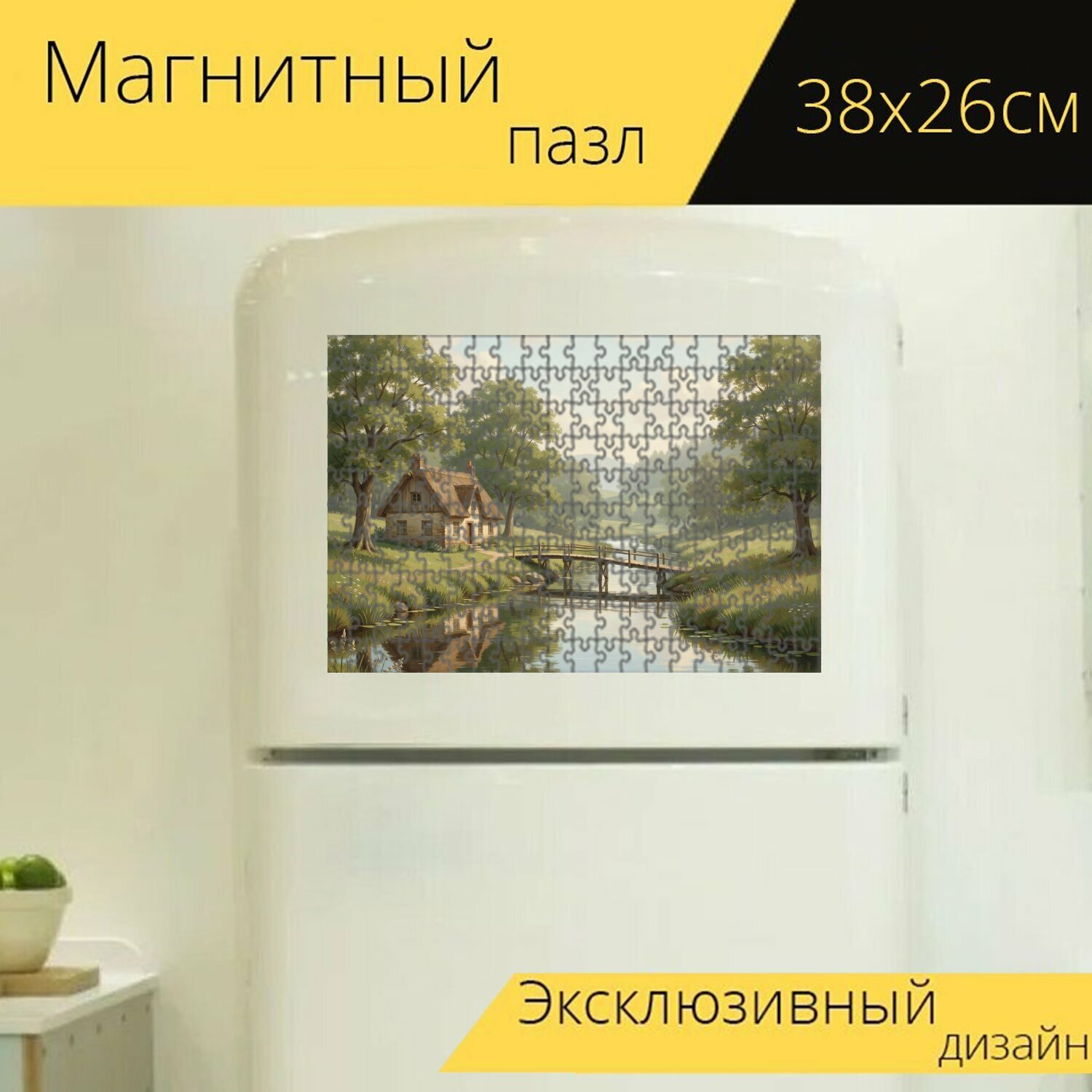 Магнитный пазл "Деревенский дом у реки. Уютный сельский пейзаж с деревянным коттеджем, мостиком через тихую воду, зелеными деревьями и лугами. Мягкая." для интерьера, 38х26 см.
