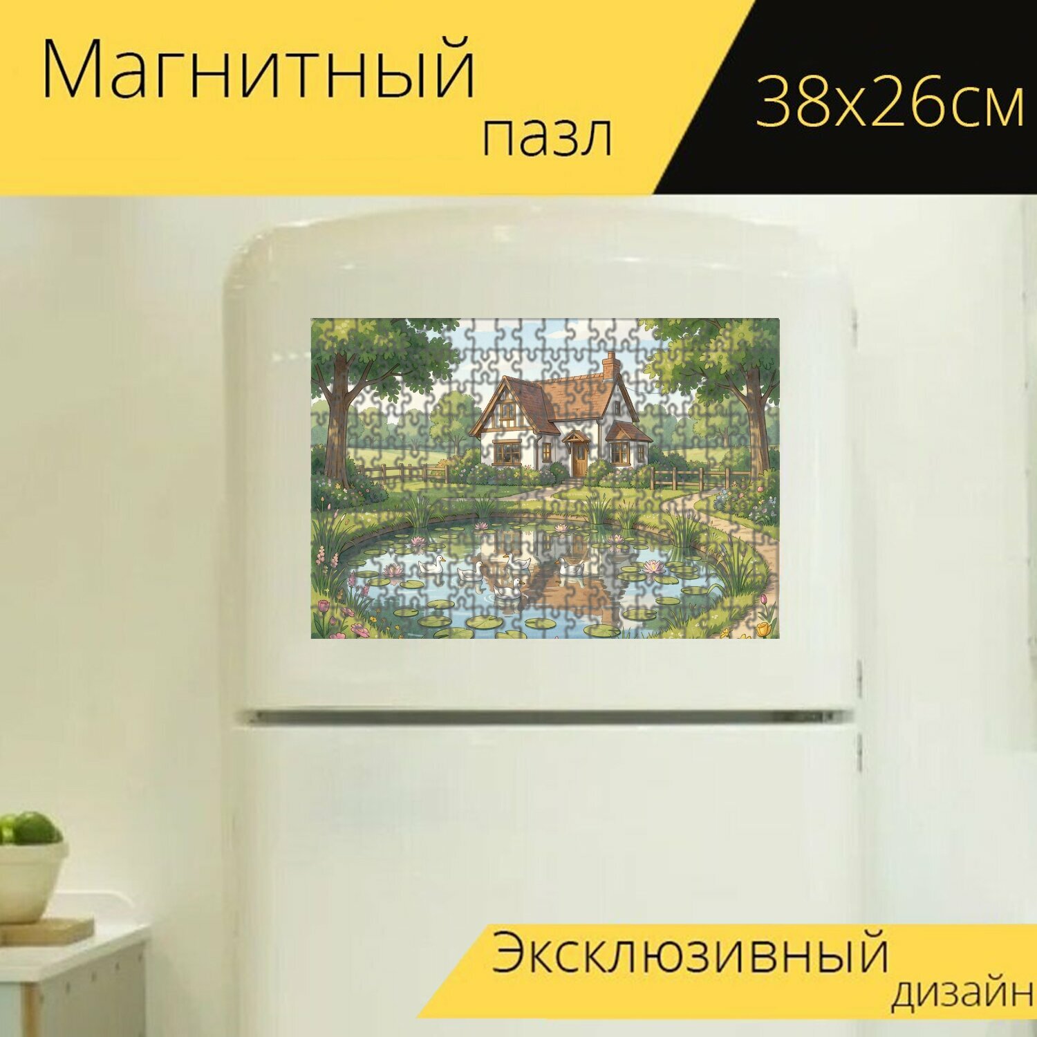 Магнитный пазл "Дом у пруда с утками. Уютный загородный коттедж среди зелёного сада, цветущие клумбы, пруд с кувшинками и белыми водоплавающими, мягкий." для интерьера, 38х26 см.