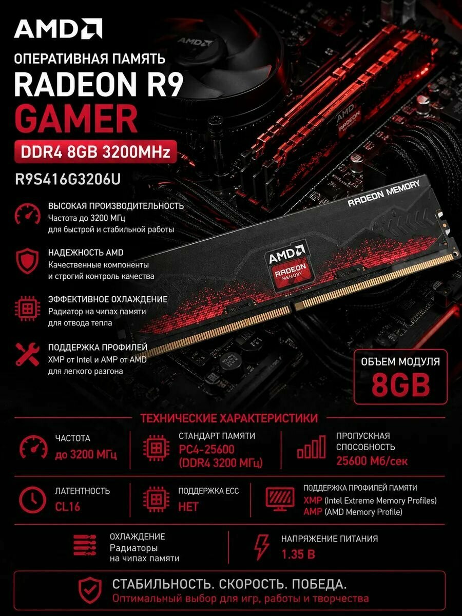 Оперативная память для ПК AMD Radeon R9 Gamer DDR4 8GB 3200MHz