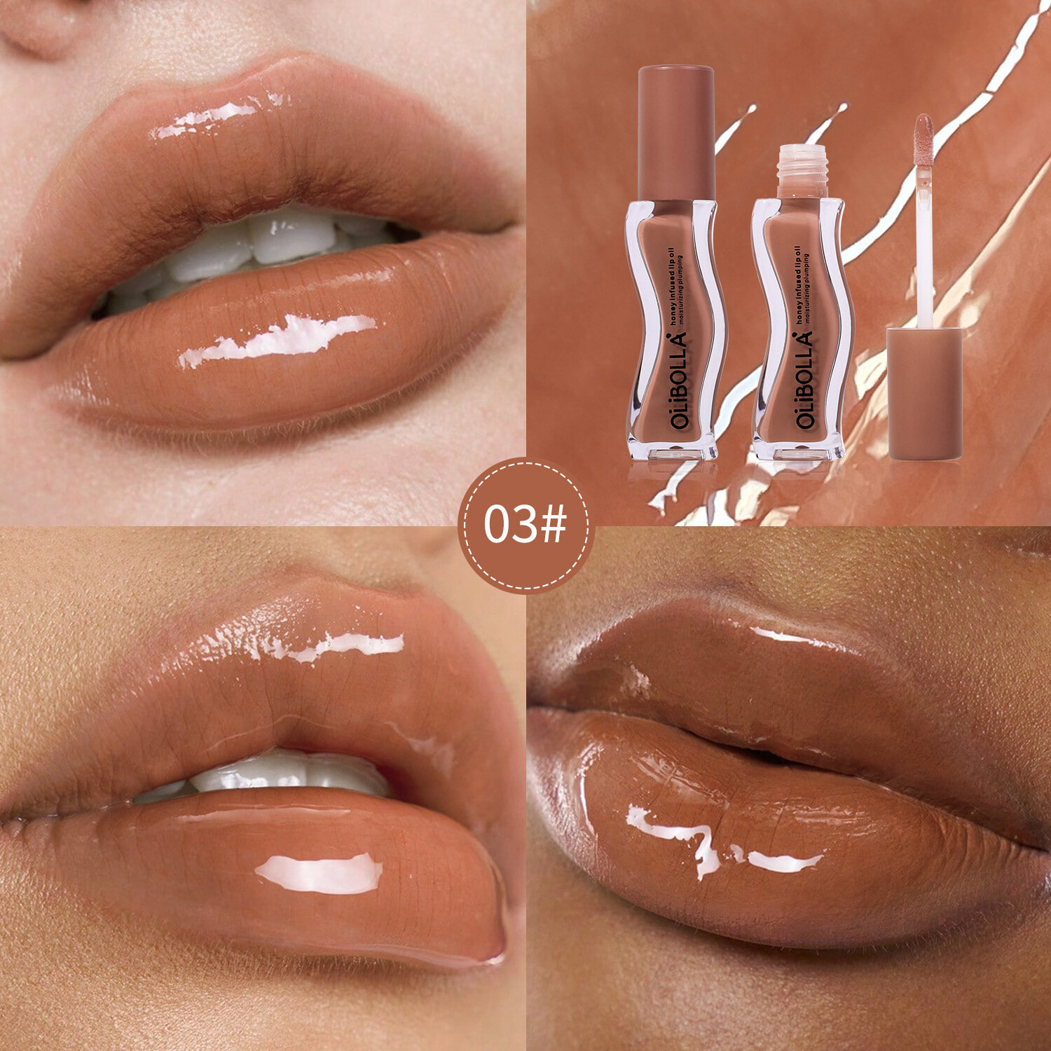 Масло для губ OLIBOLLA Honey Infused Lip Oil, зеркальный водный блеск, увлажняющее, питательное, эффект пухлых губ, не оставляет следов, 6 оттенков
