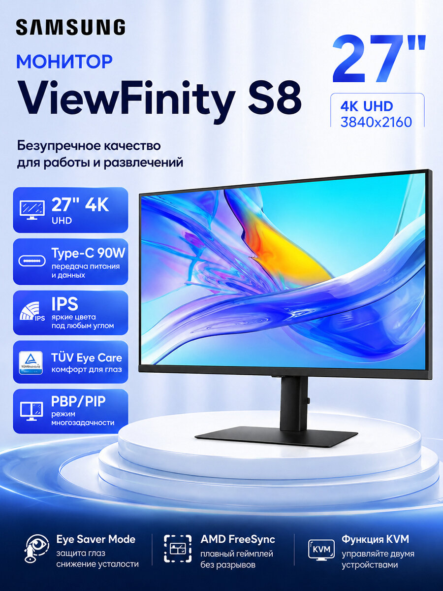 Монитор 27 дюймов 3840x2160 Samsung ViewFinity S8 LS27D804,4K UHD IPS, USB-C