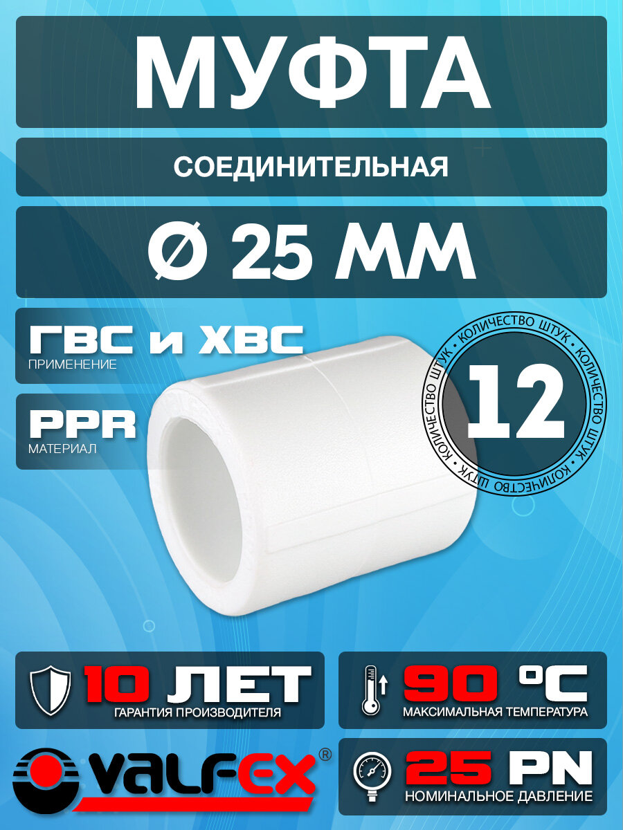 Муфта полипропиленовая соединительная, для труб диаметром 25мм. (12 шт)