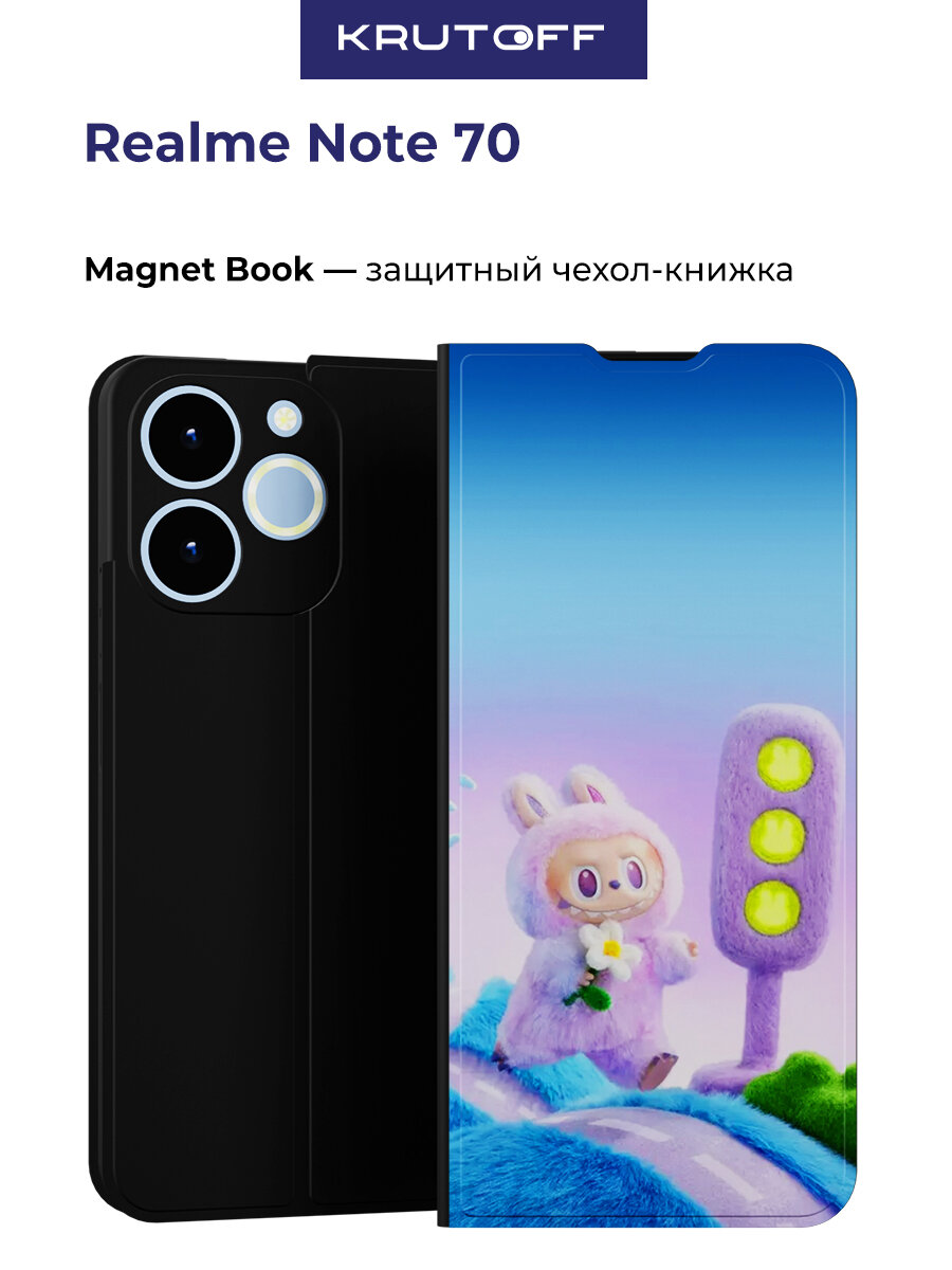 Чехол-книжка Krutoff Magnet Book для Realme Note 70 Лабубу Удача (черный)