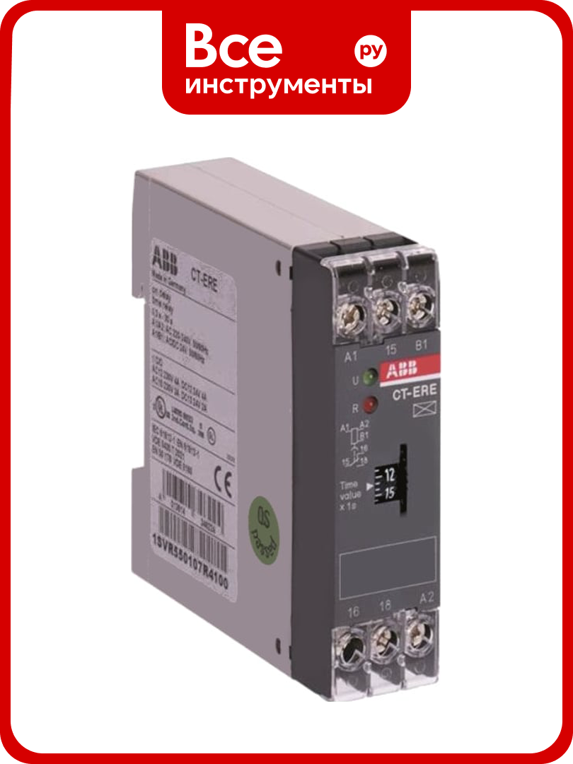 Реле времени ABB CT-ERE с задержкой включения, электронное реле на DIN‑рейку, серый корпус, степень защиты
