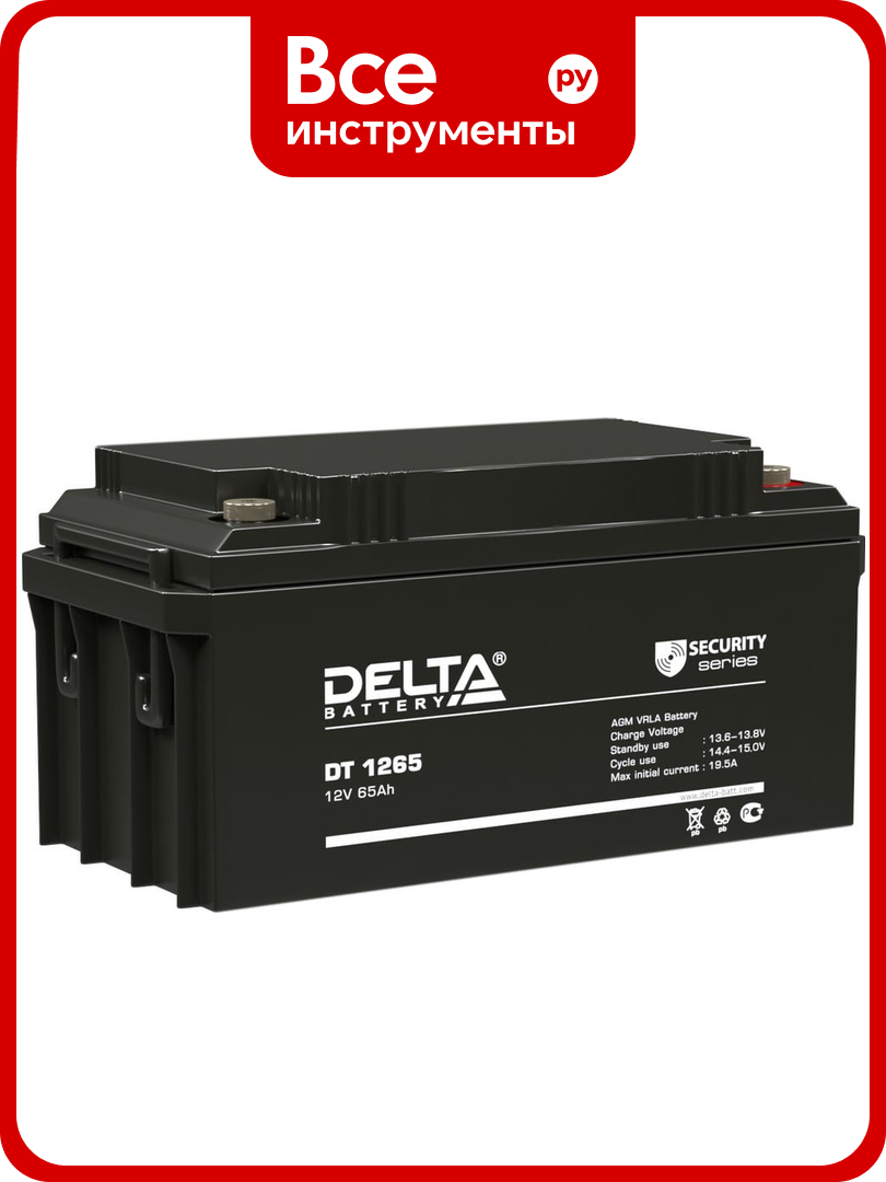 Аккумуляторная батарея Delta DT 1265, 12В, 65Ah, AGM, обратная полярность, вес 21кг, размеры 350x172x167мм, макс. ток