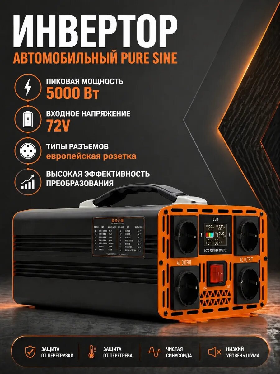 Инвертор автомобильный 12V–220V Pure Sine 2500W (5000W Peak)