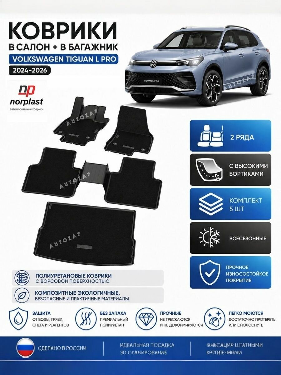 Коврики VW Tiguan L Pro в салон и багажник (2024-2026) комбинированные
