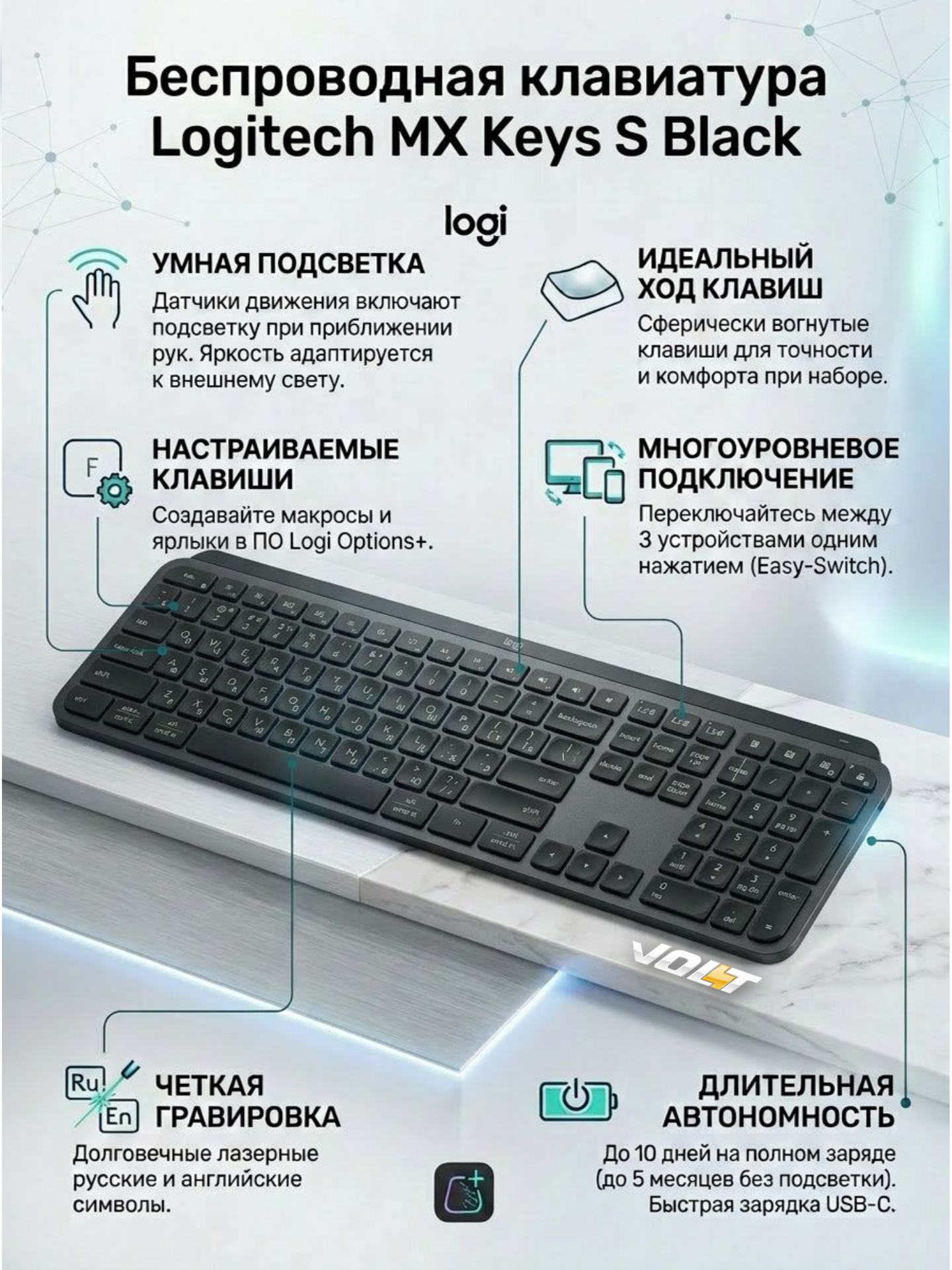 Беспроводная клавиатура Logitech MX Keys S Black (русско-английская раскладка | гравировка с подсветкой)