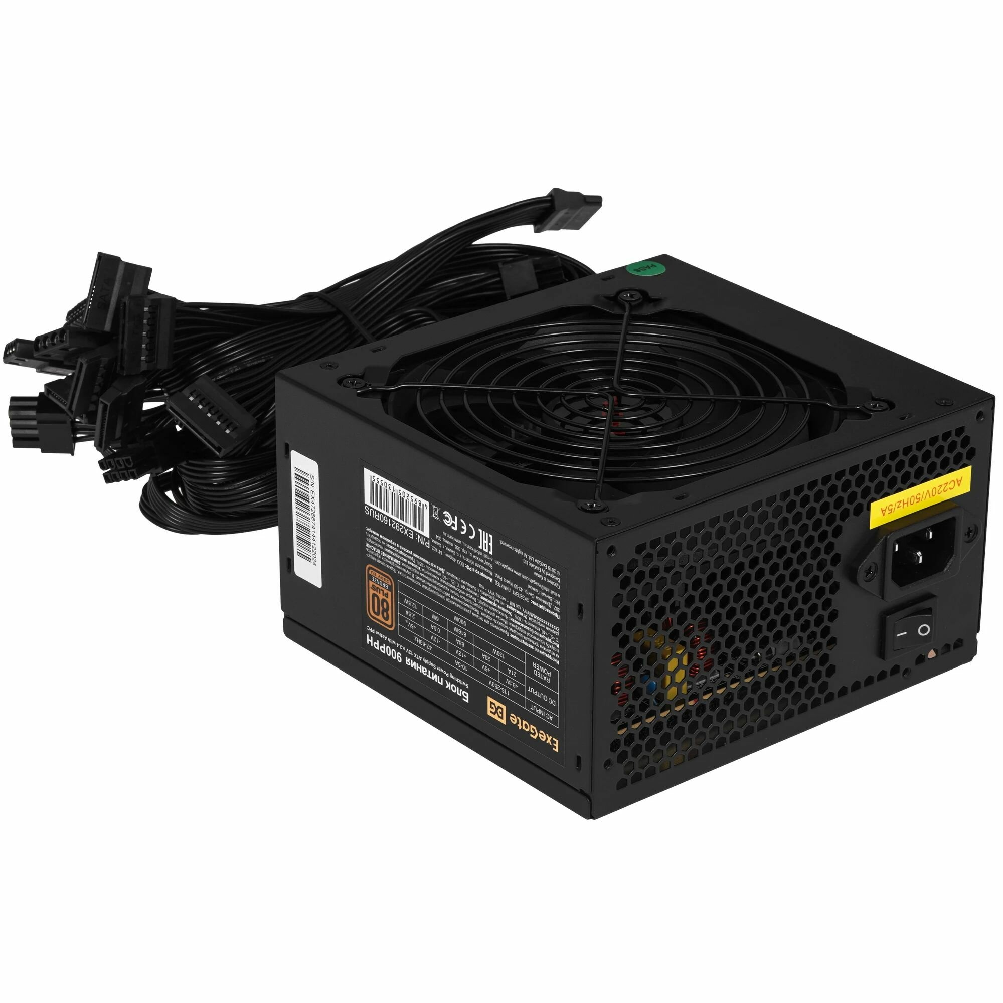 Блок питания ExeGate 80 PLUS Bronze 900PPH OEM 80 Plus Bronze (EX292160RUS-OEM-S) черный - ATX 20+4 пин, 4 pin + 4 pin x2 CPU, 8 SATA, 6 x 6+2 pin PCI-E